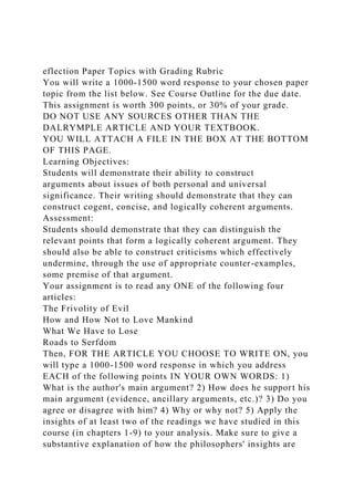 eflection Paper Topics with Grading RubricYou will write a 1000-.docx