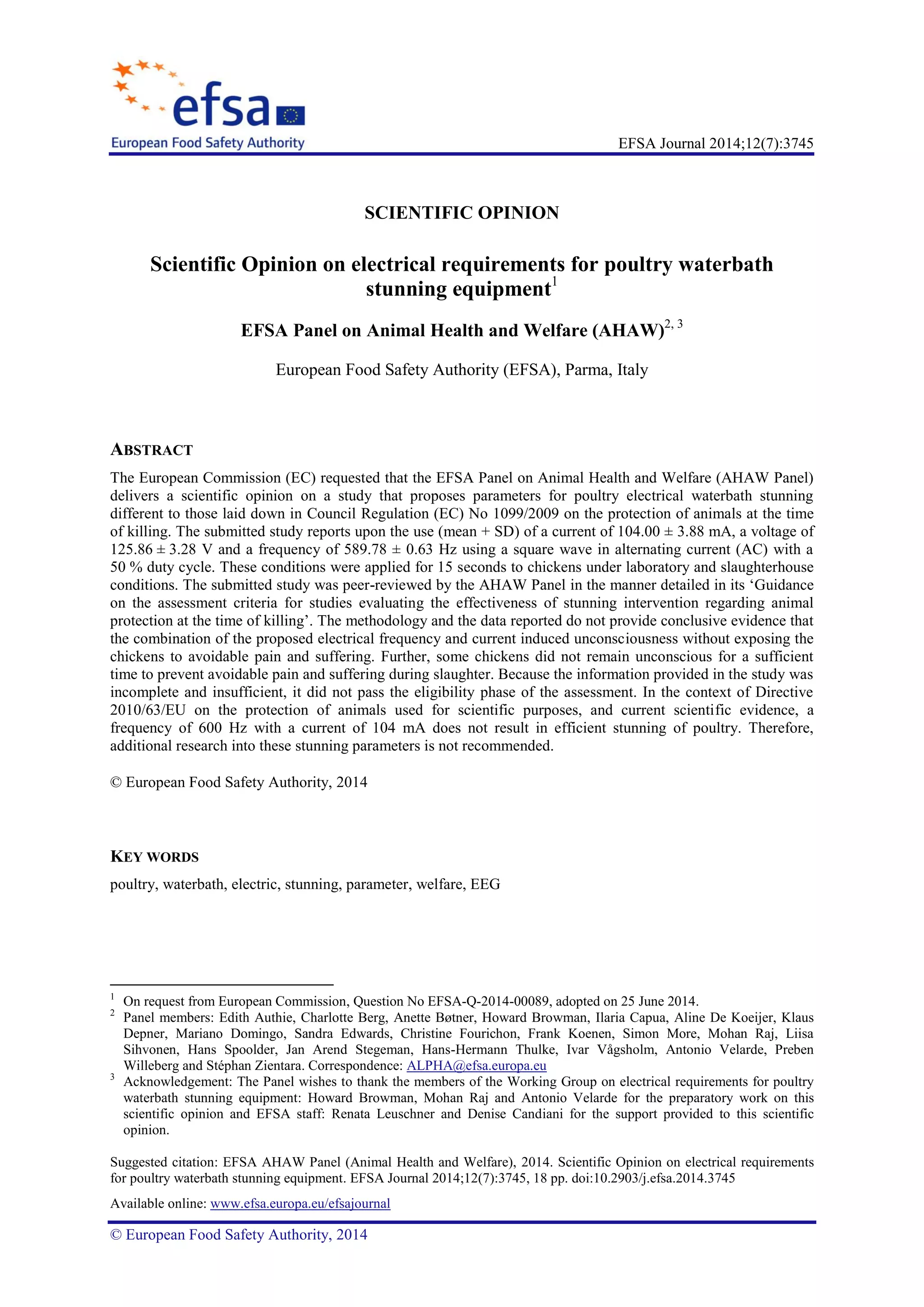 EFSA Opinion on electrical requirements for poultry waterbath stunning ...
