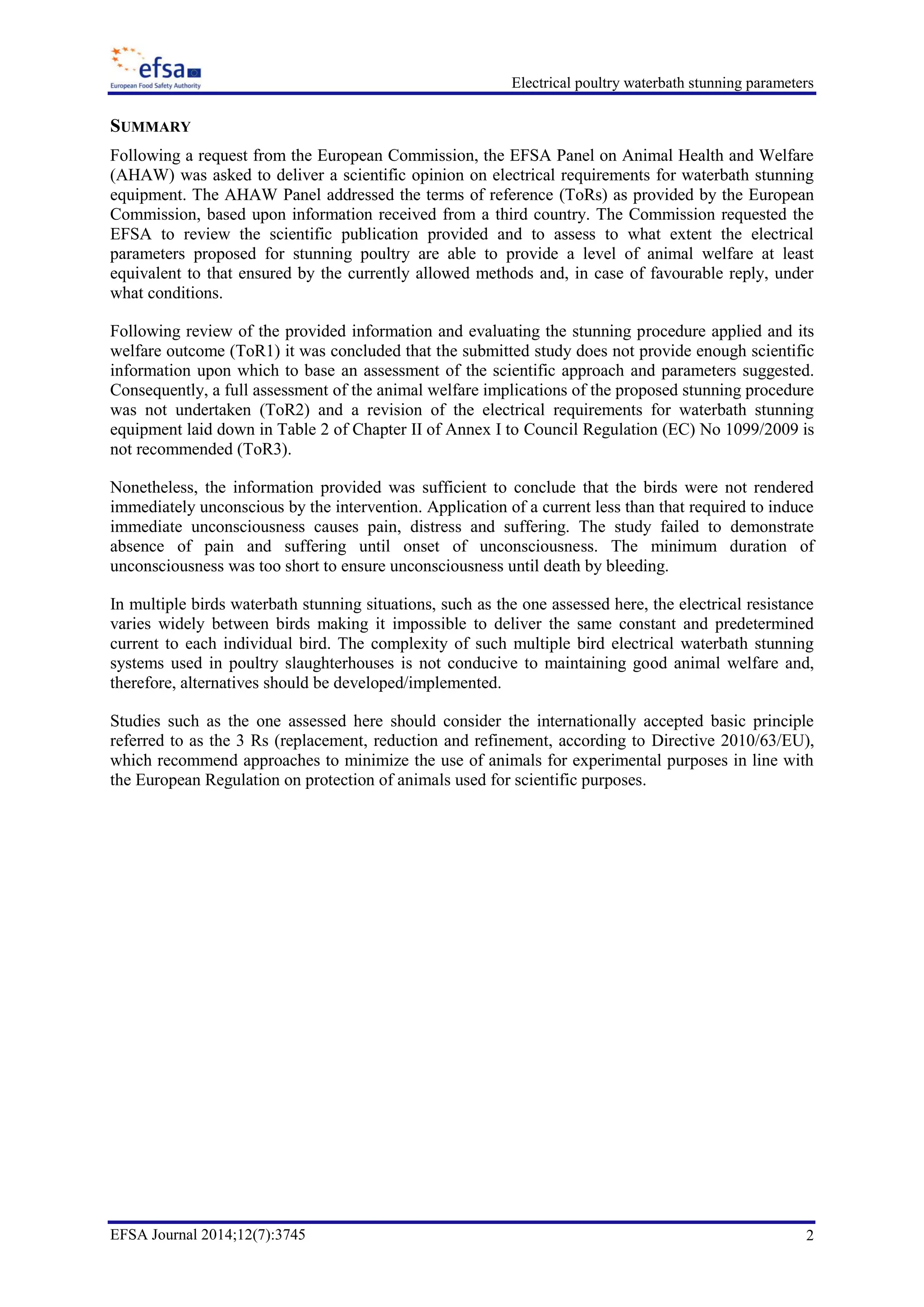 EFSA Opinion on electrical requirements for poultry waterbath stunning ...