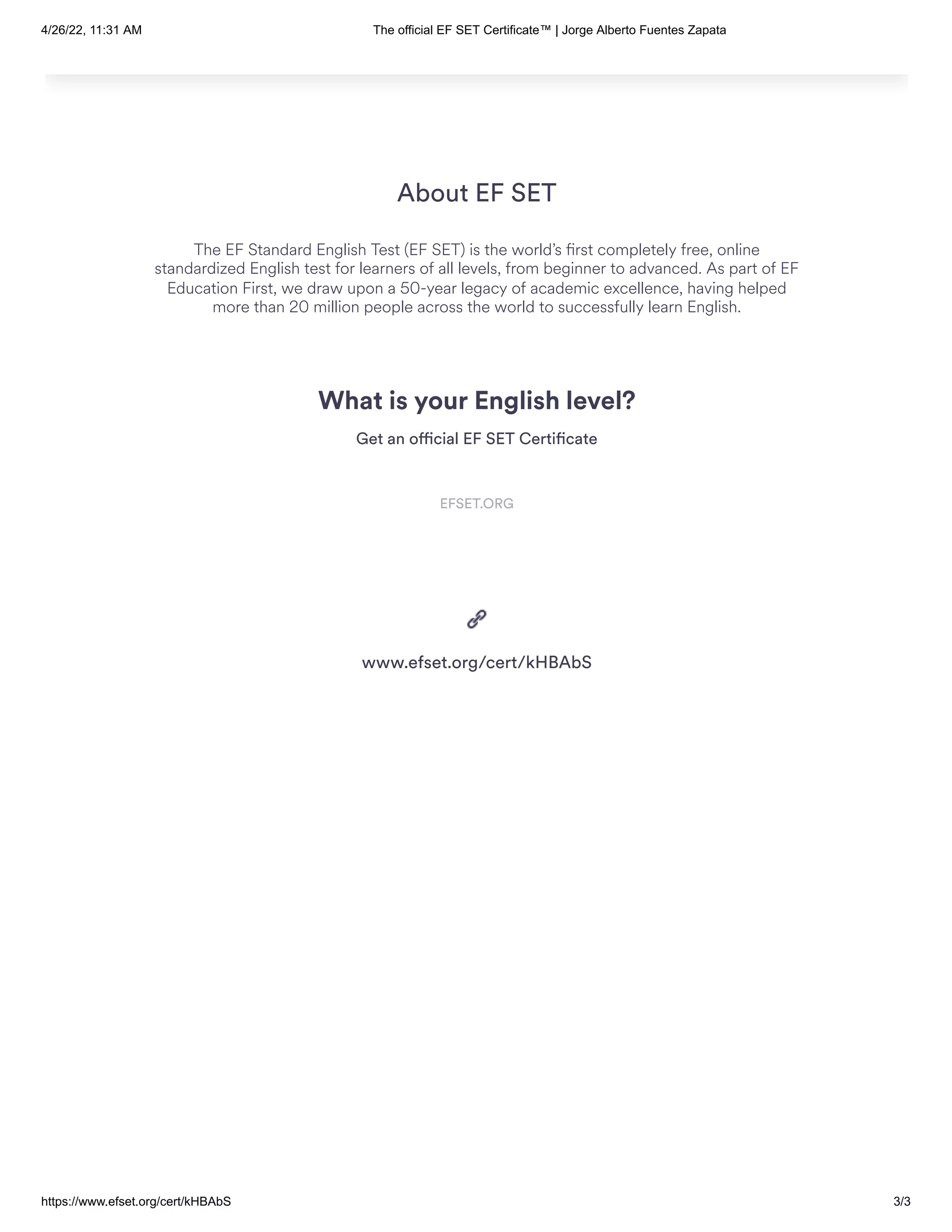 EF SET Certificate™ _ C2 PROFICIENT Jorge Alberto Fuentes Zapata | PDF