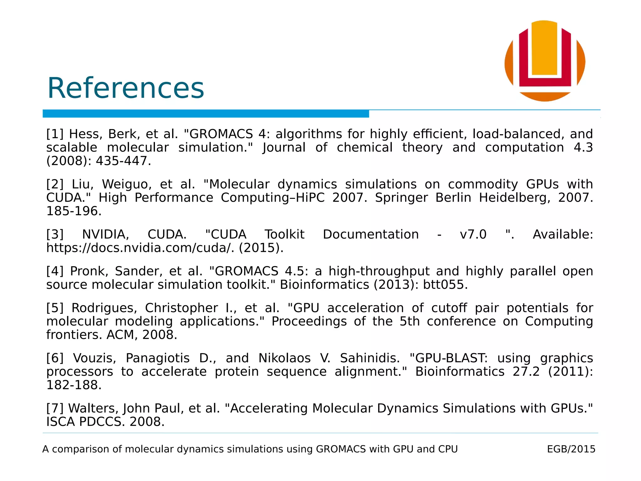 A comparison of molecular dynamics simulations using GROMACS with GPU and CPU | PDF