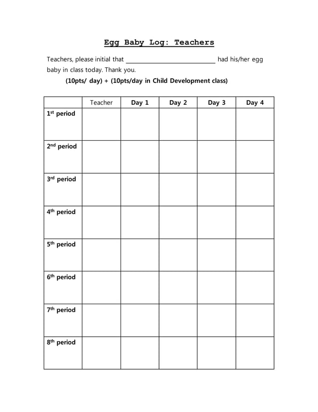Egg Baby Project: Teacher Log | DOCX
