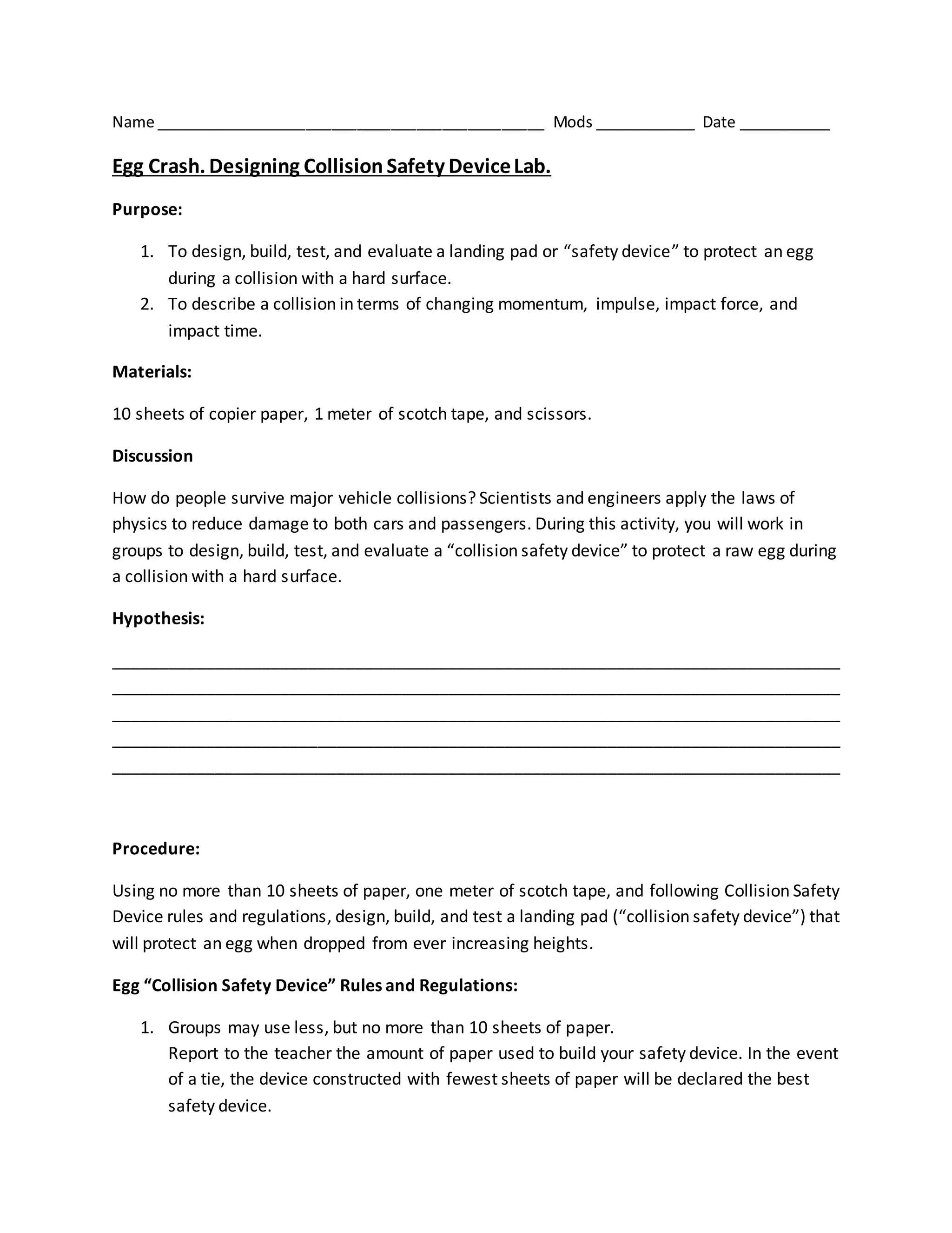 Egg crash. designing collision safety device lab | DOCX