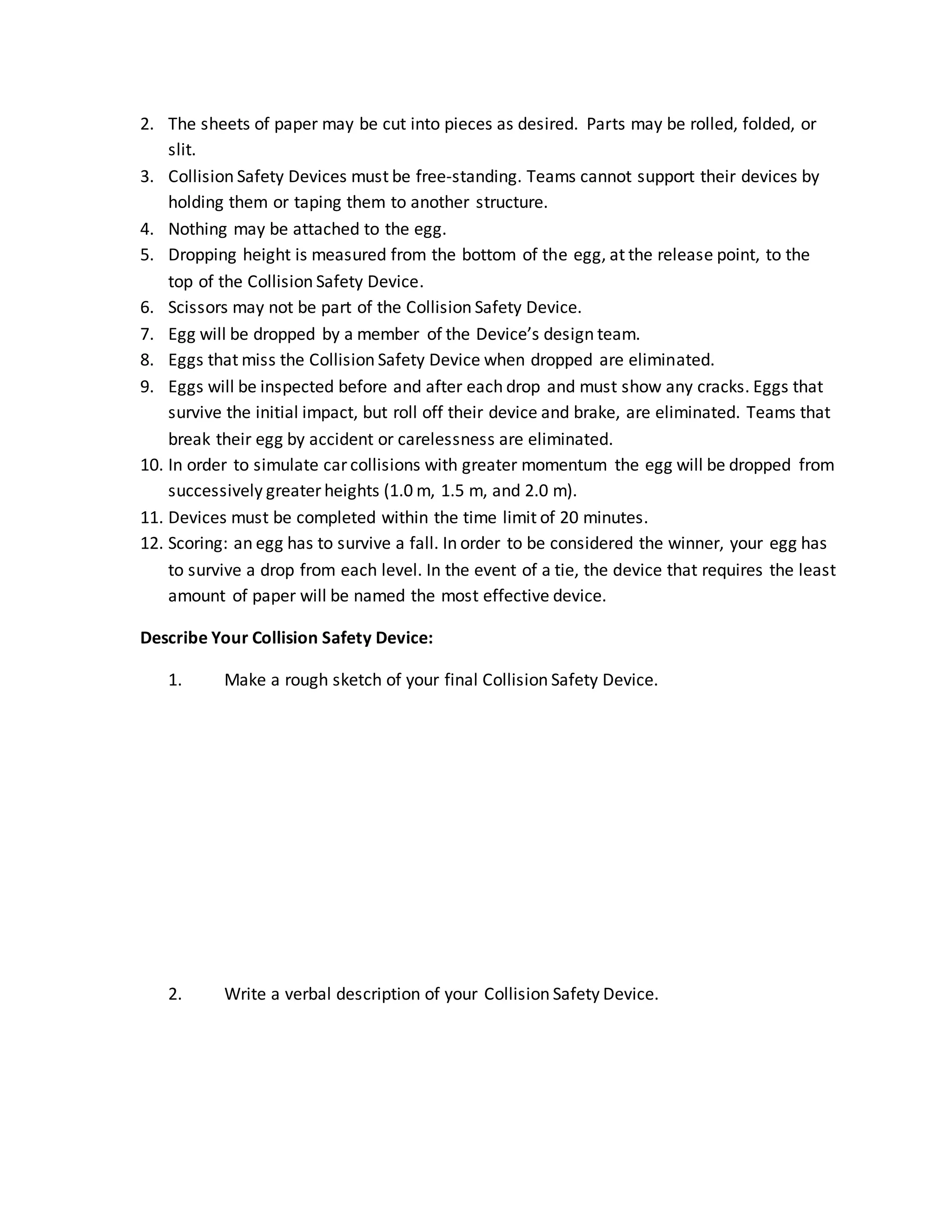 Egg crash. designing collision safety device lab | DOCX