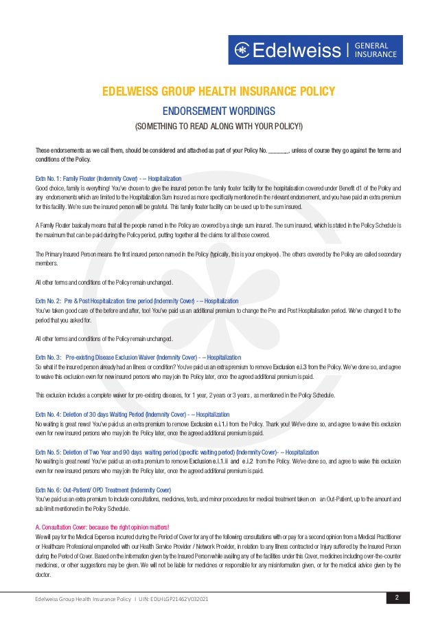 Group Health Endorsement By Edelweiss General Insurance | PDF