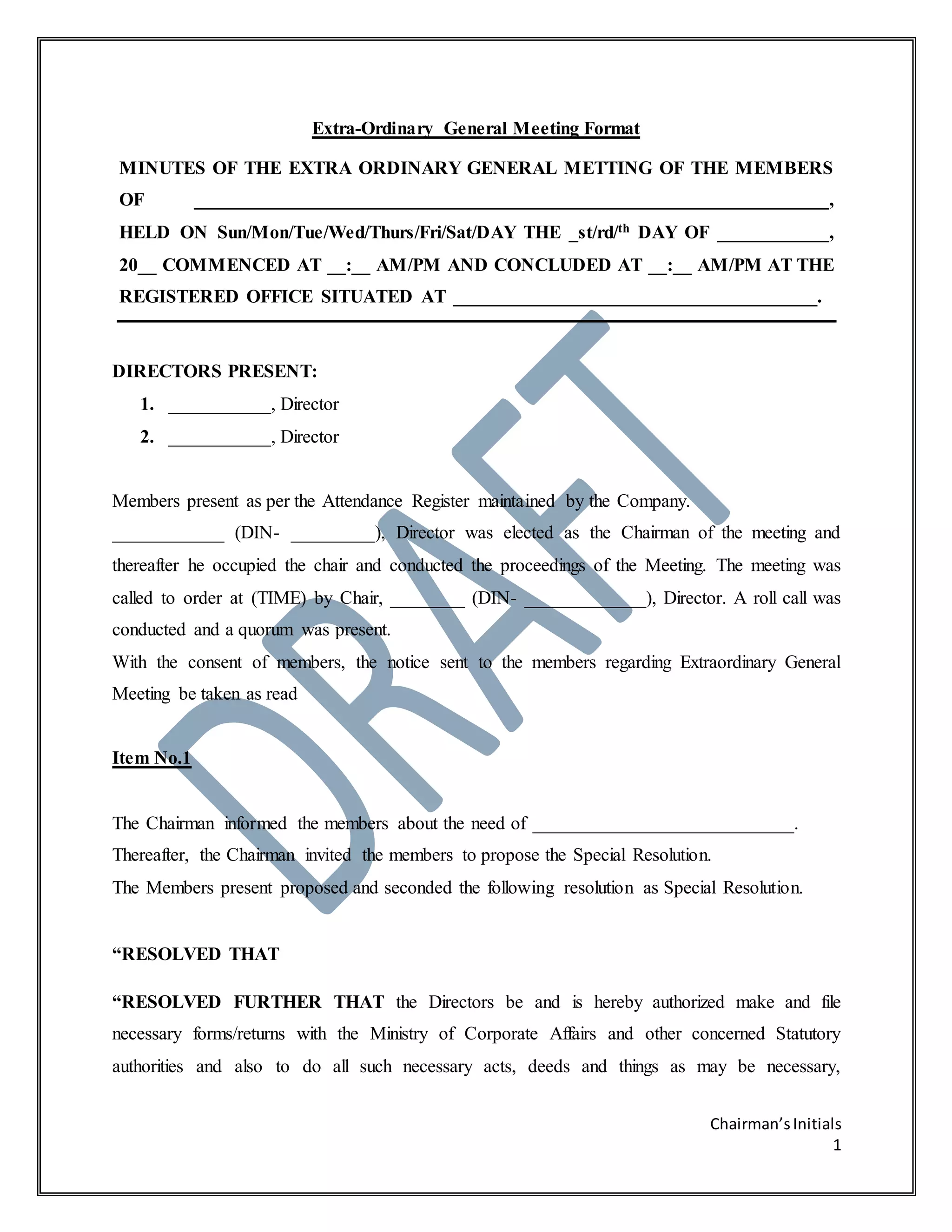 Extra-Ordinary General Meeting Minutes format | DOCX