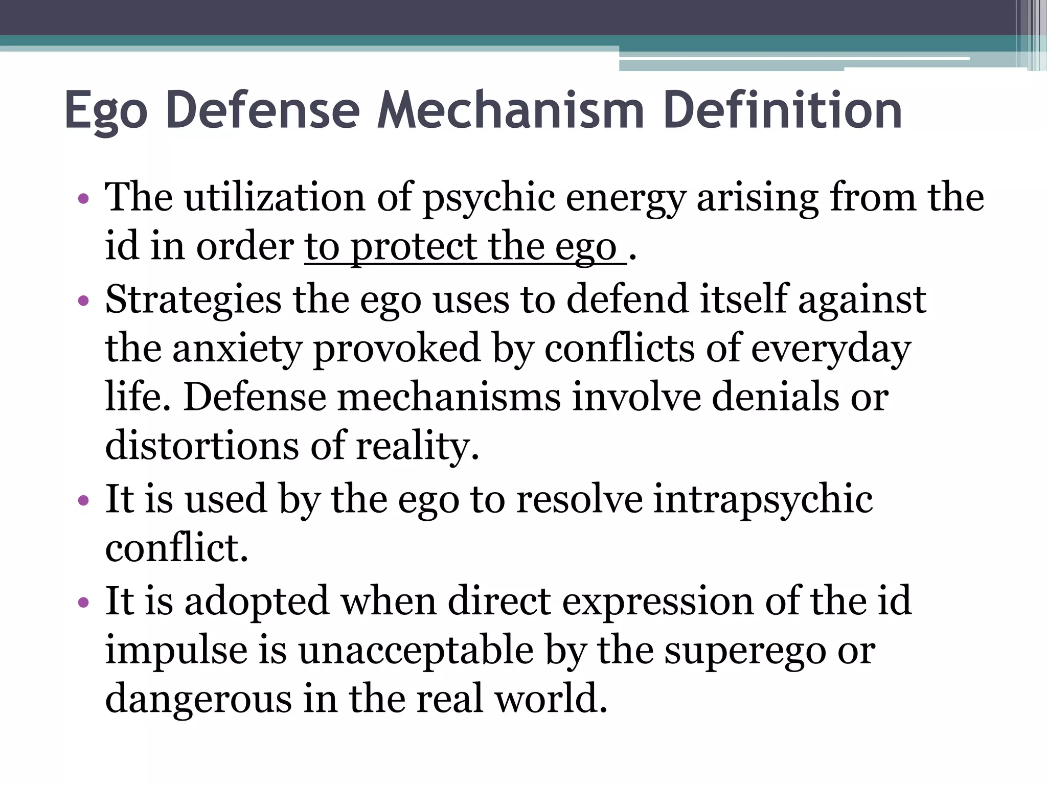 Ego defense mechanisms | PPTX | Mental Health | Diseases and Conditions