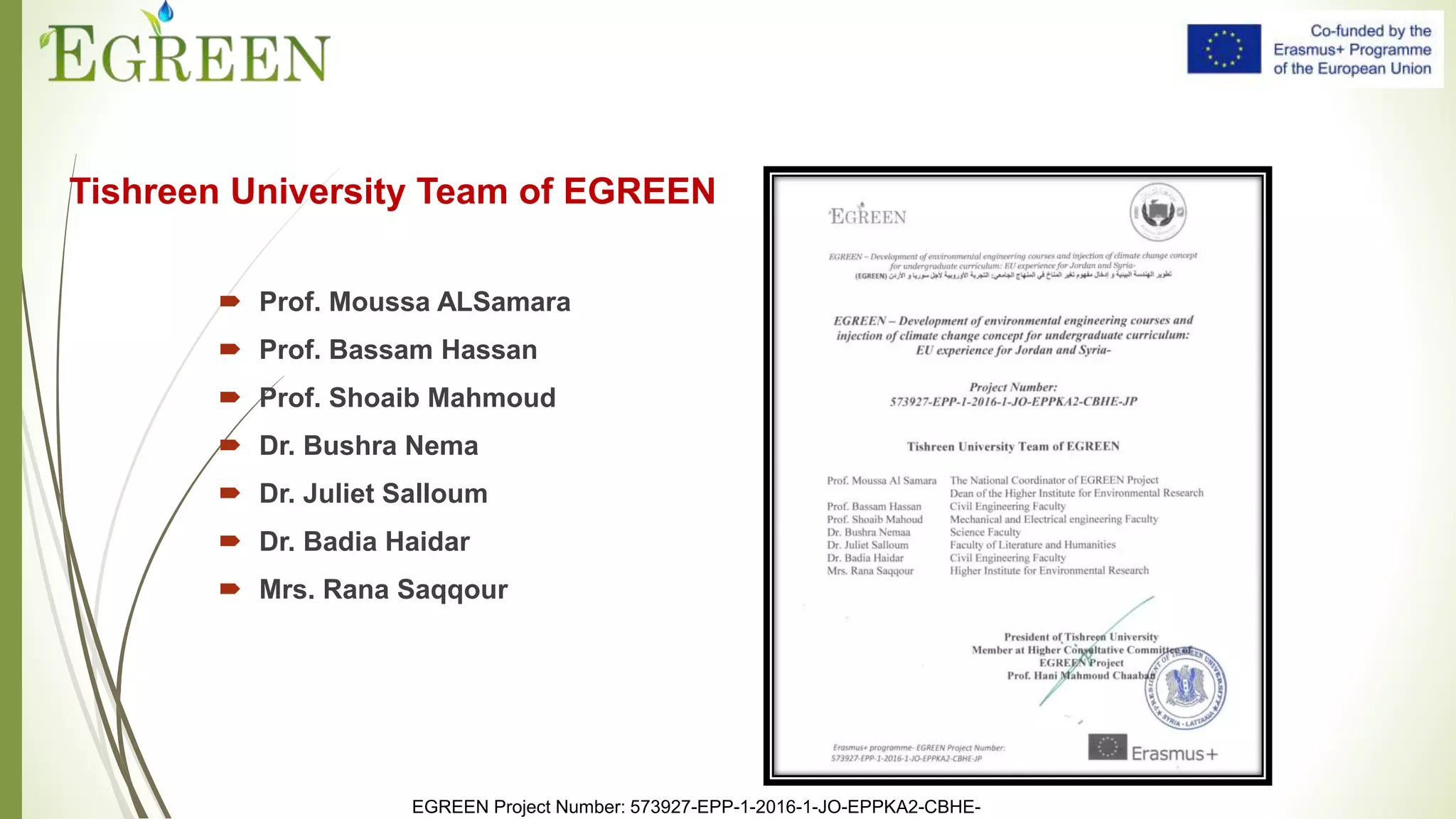 EGREEN Project Implementation in Tishreen University | PPT