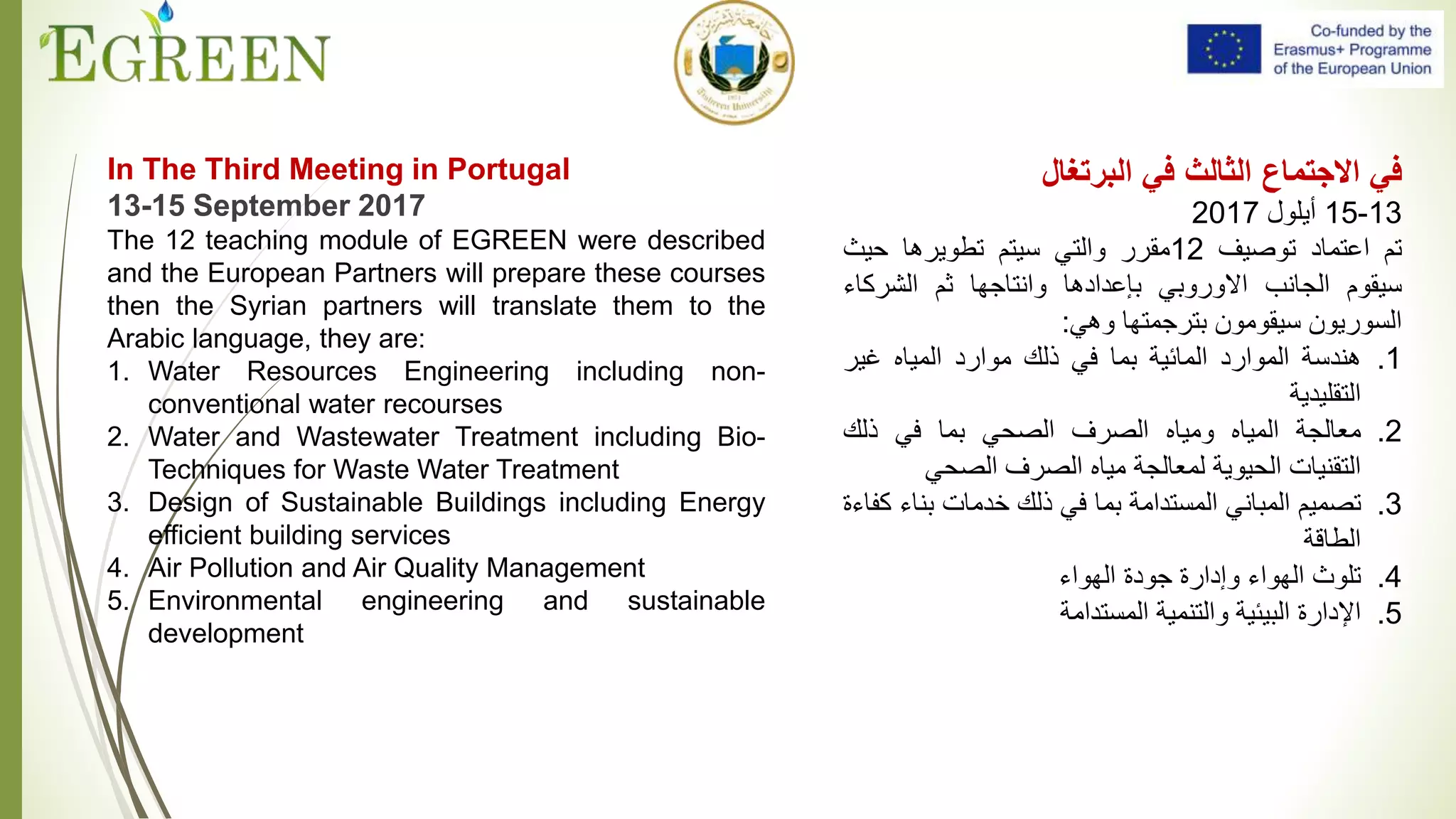EGREEN Project Implementation in Tishreen University | PPT