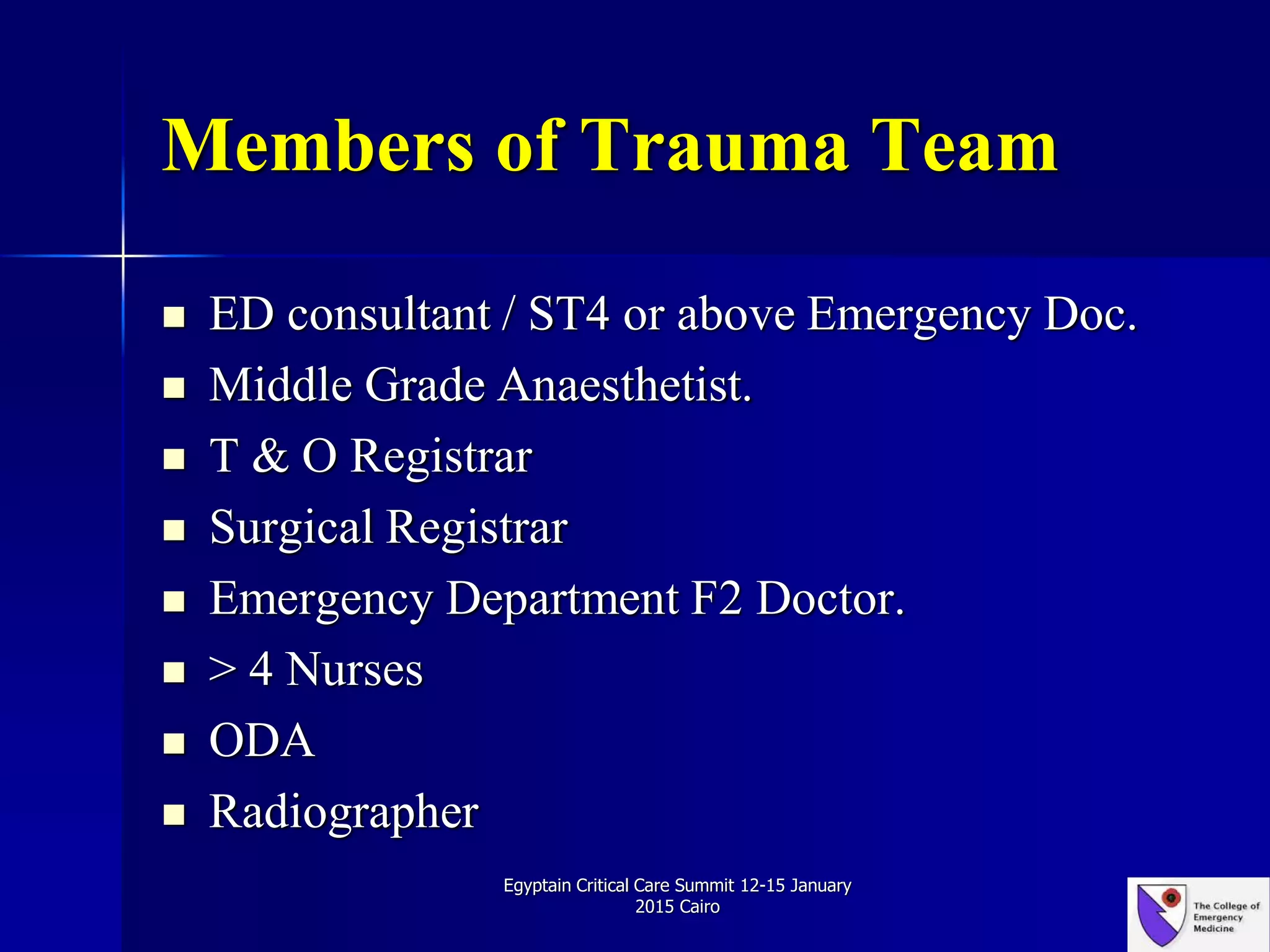 Egyptian Critical Care Summit- Major Trauma Team Concept | PDF