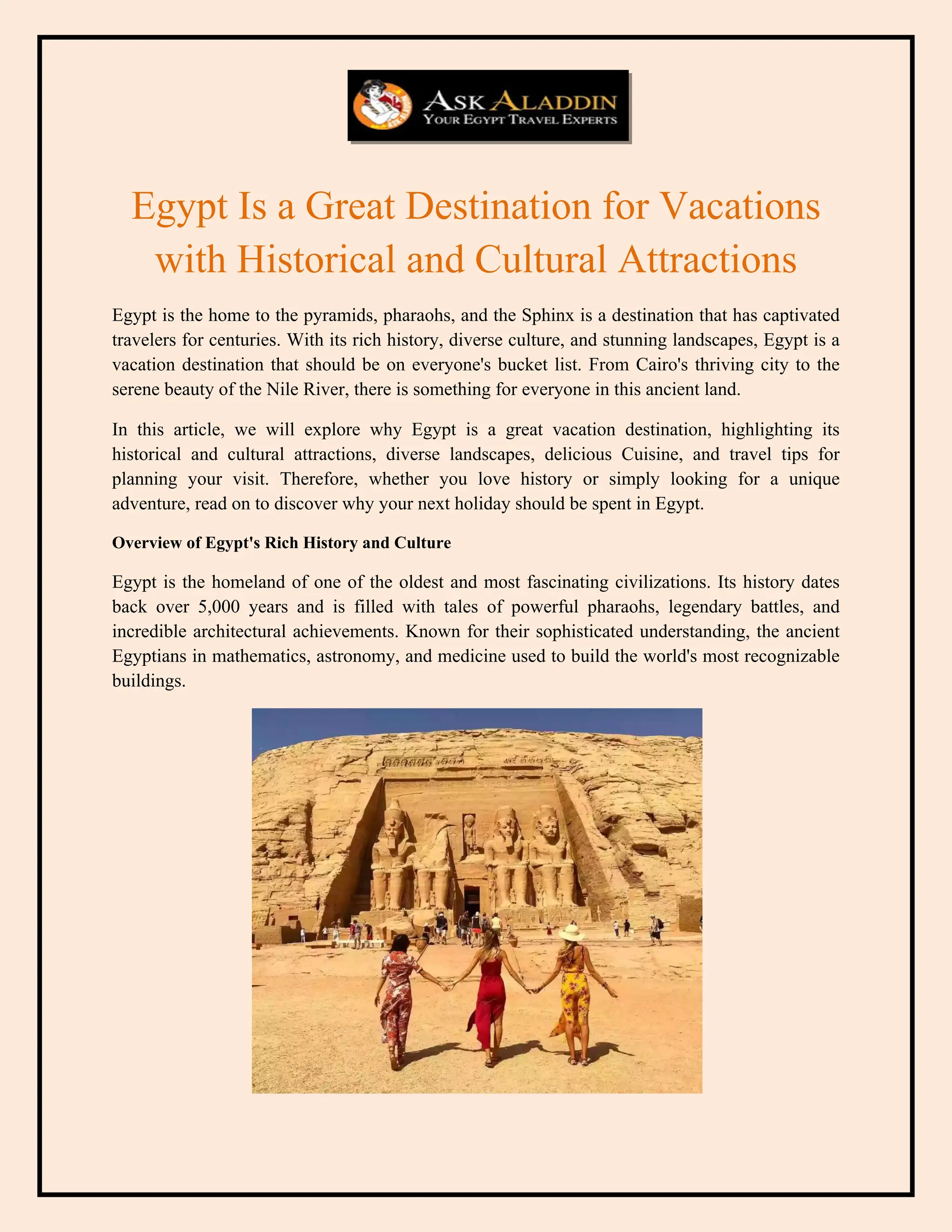 Egypt Is a Great Destination for Vacations with Historical and Cultural ...