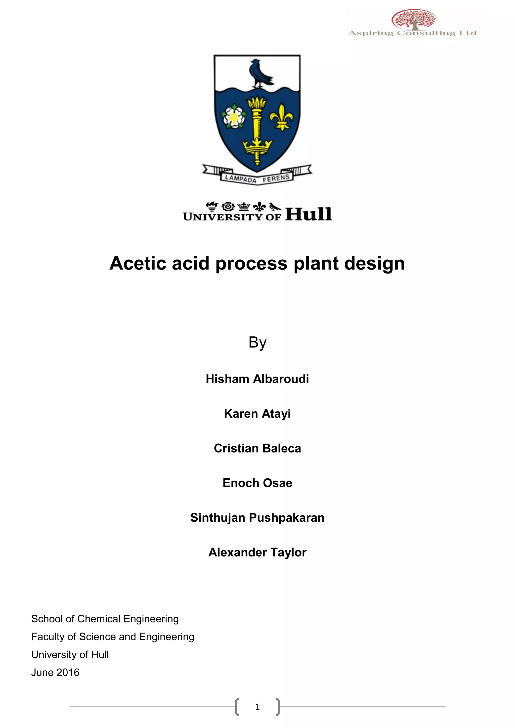 Acetic Acid Process Plant Design | PDF