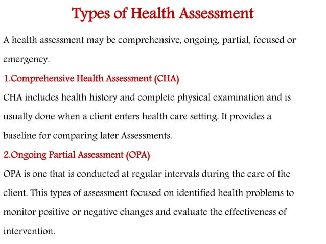 Health assessment | PPTX | Medical Tests | Medical Health