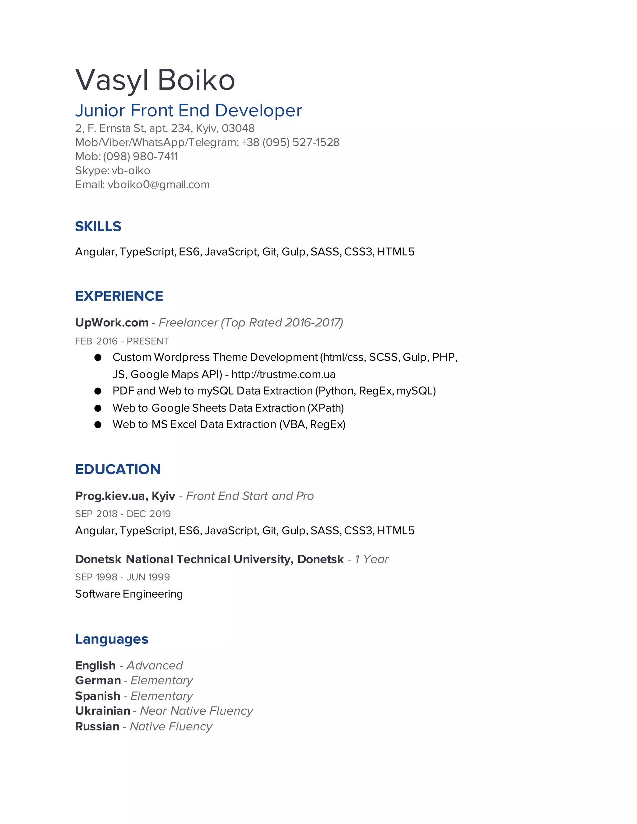 Resume - Junior Front End Developer - Vasyl Boiko | PDF