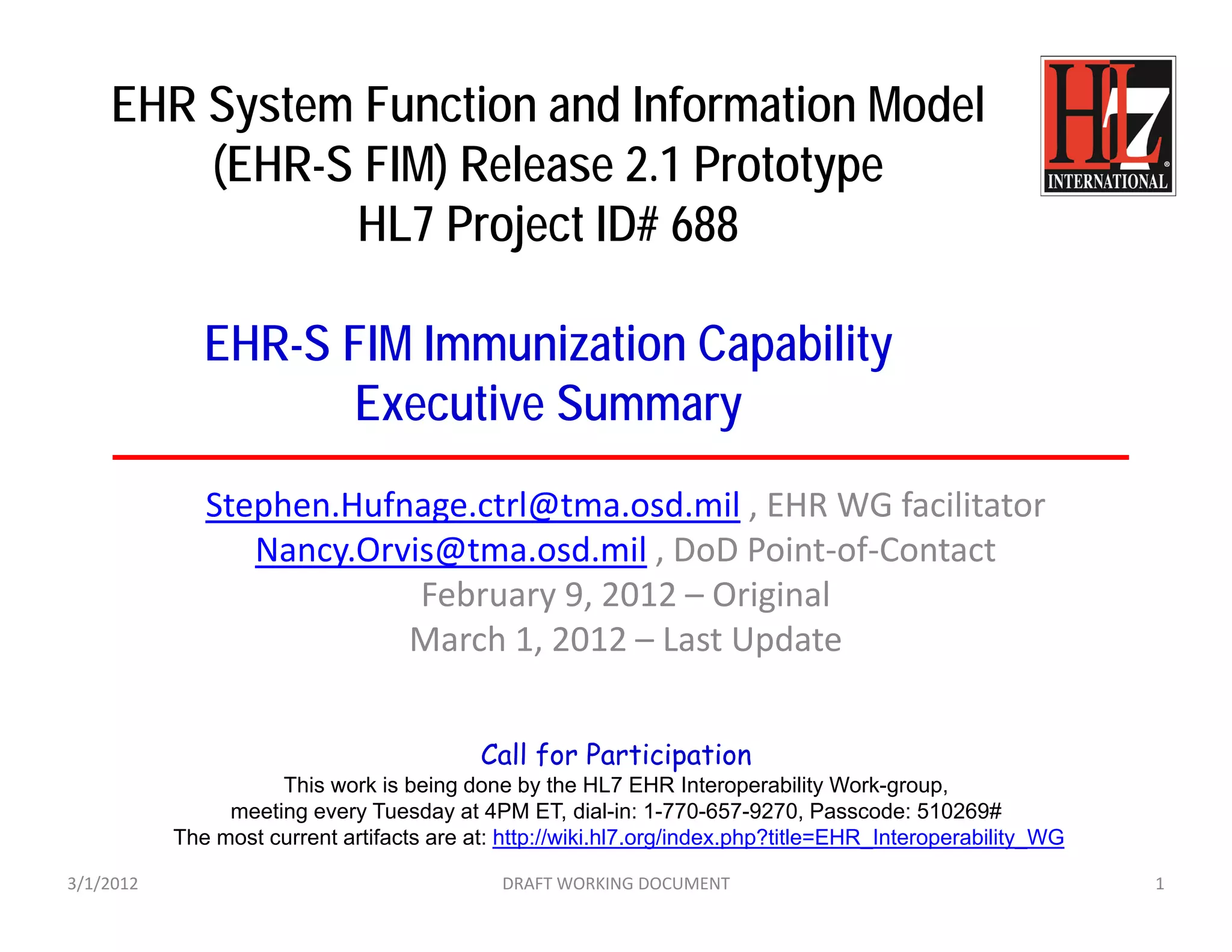 EHR System Function and Information Model (EHR-S FIM) Release 2.1 ...