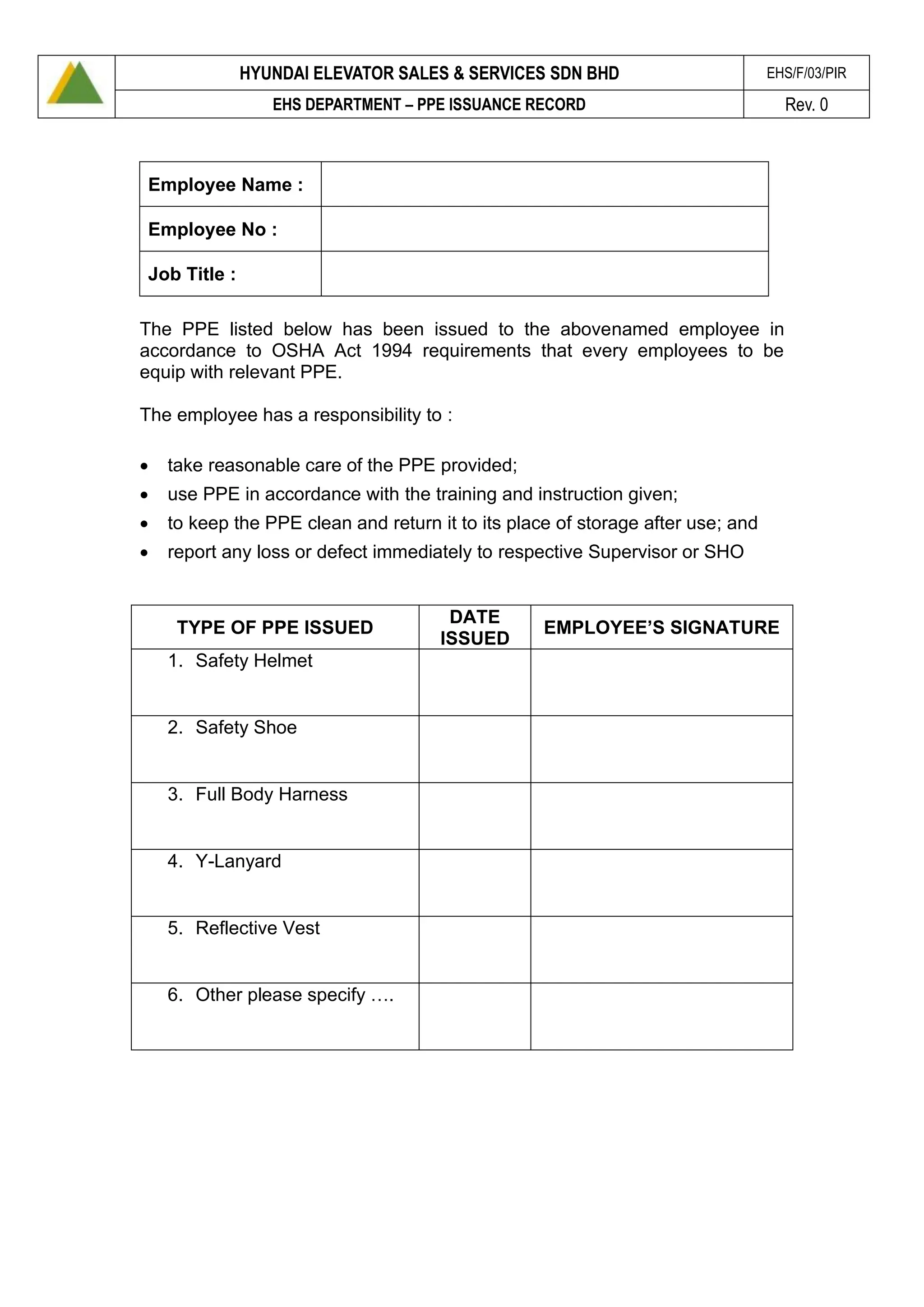 Personal Protective Equipment Ppe Issuance Record Pdf