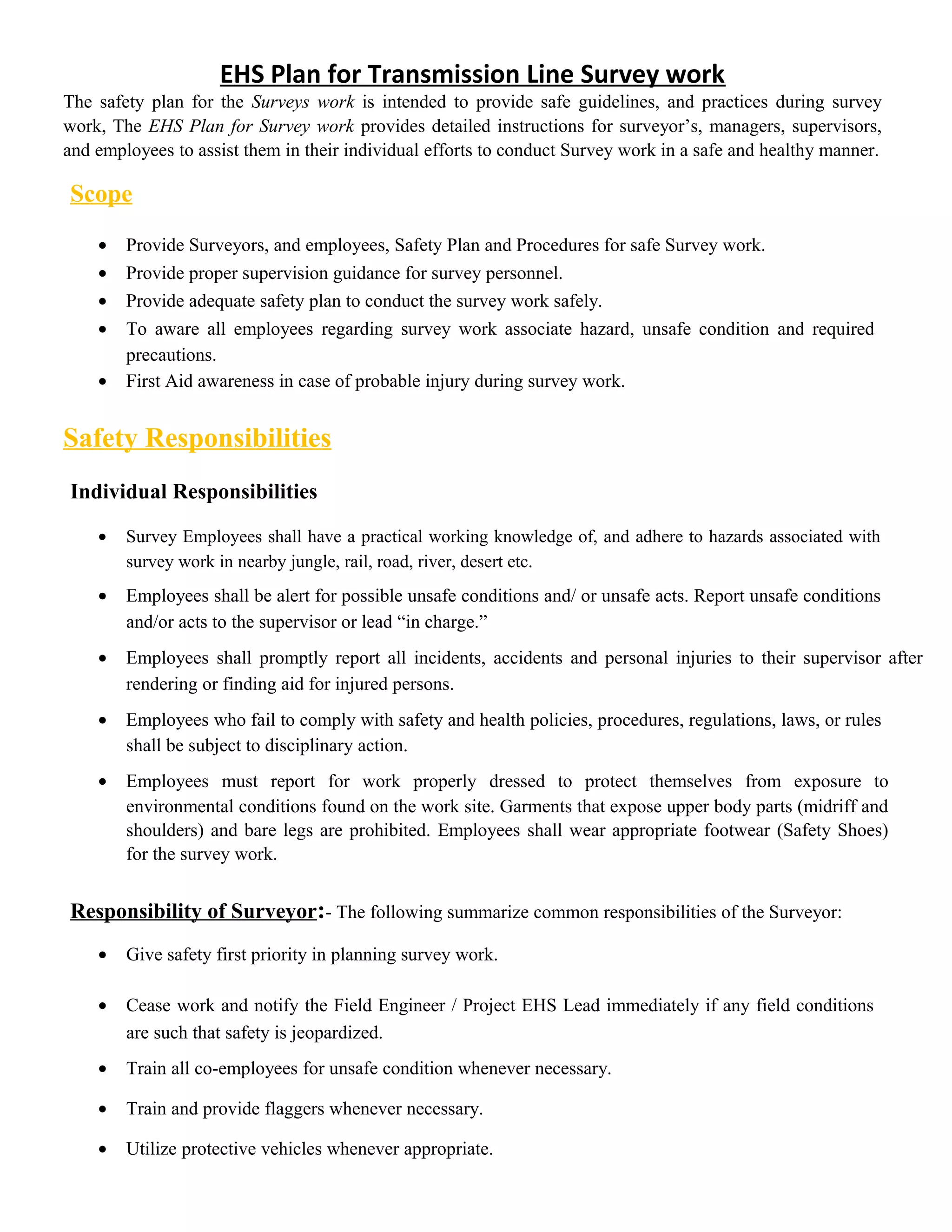 EHS plan for Transmission Line Survey Work | DOC
