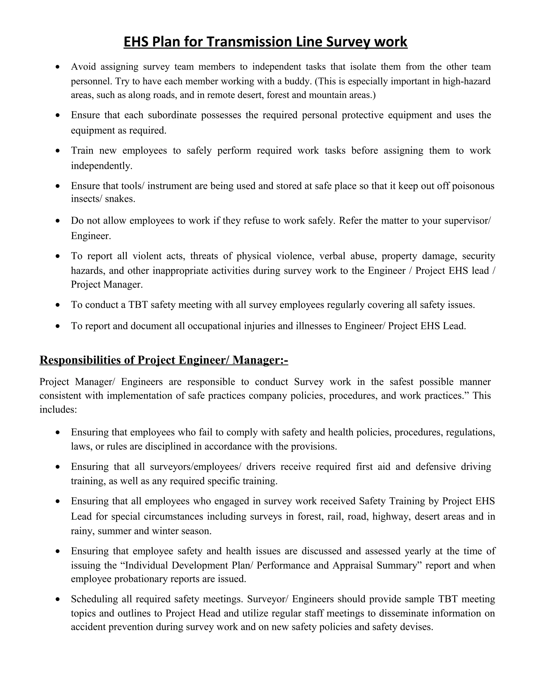 EHS plan for Transmission Line Survey Work | DOC