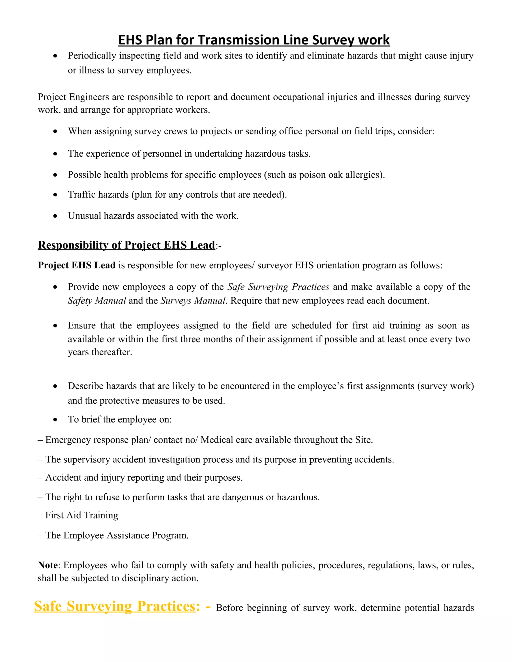 EHS plan for Transmission Line Survey Work | DOC