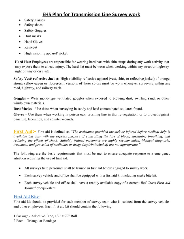 EHS plan for Transmission Line Survey Work | DOC | First Aid | Injuries