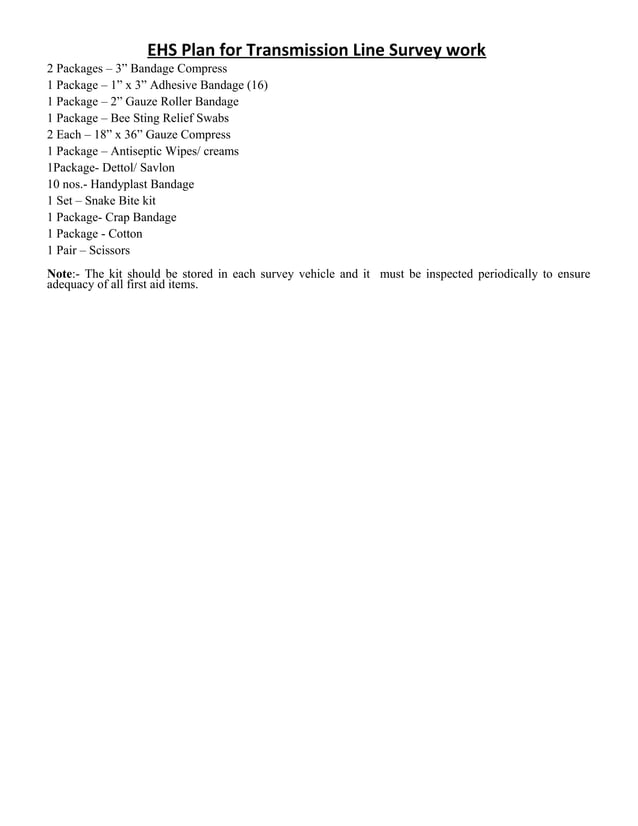 EHS plan for Transmission Line Survey Work | DOC | First Aid | Injuries