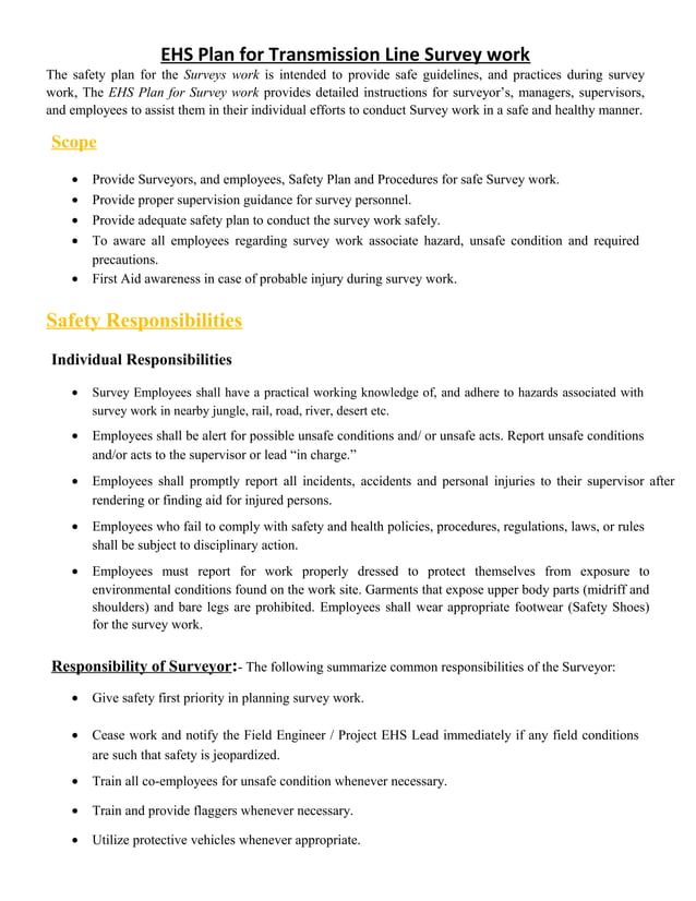 EHS plan for Transmission Line Survey Work | DOC | First Aid | Injuries