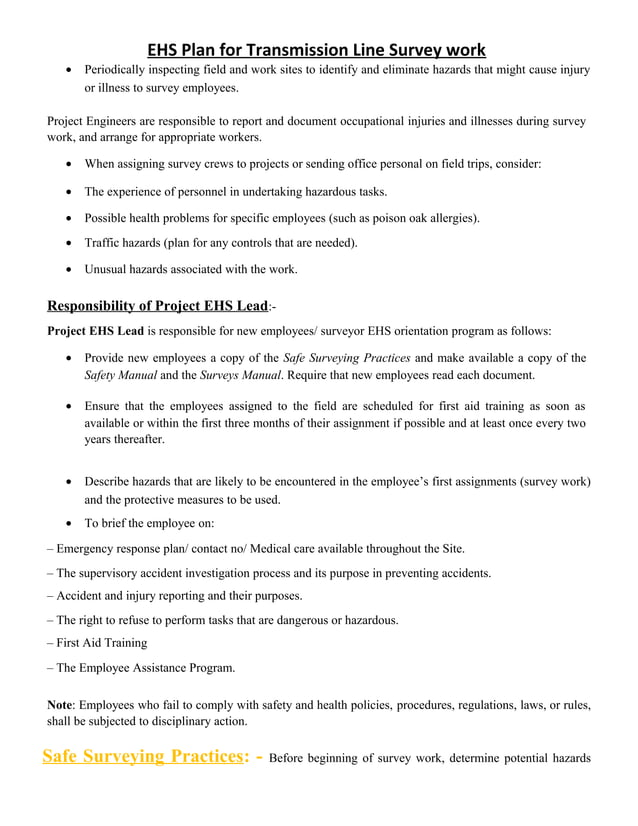 EHS plan for Transmission Line Survey Work | DOC | First Aid | Injuries