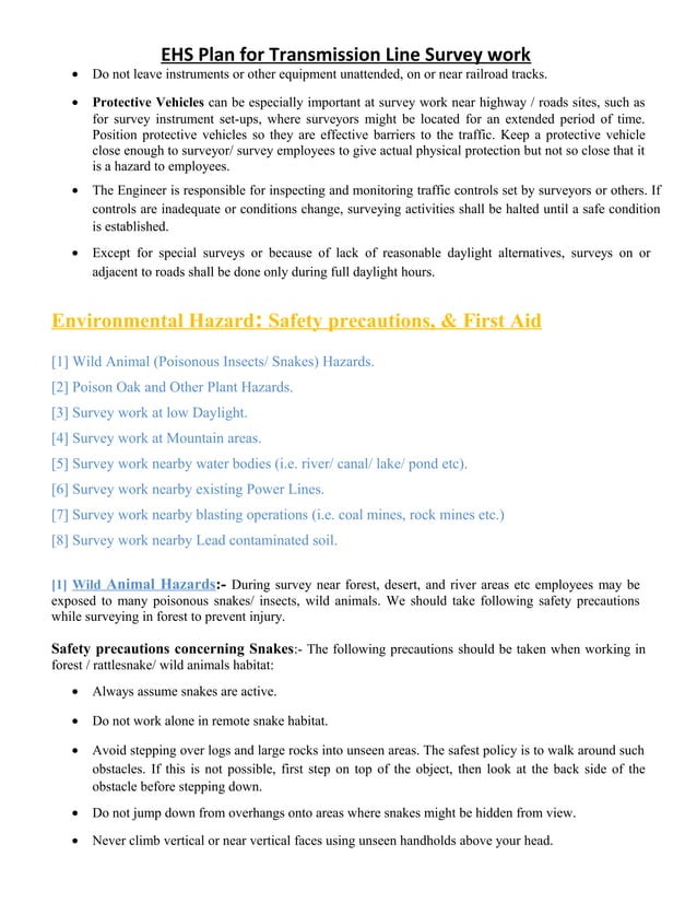EHS plan for Transmission Line Survey Work | DOC | First Aid | Injuries