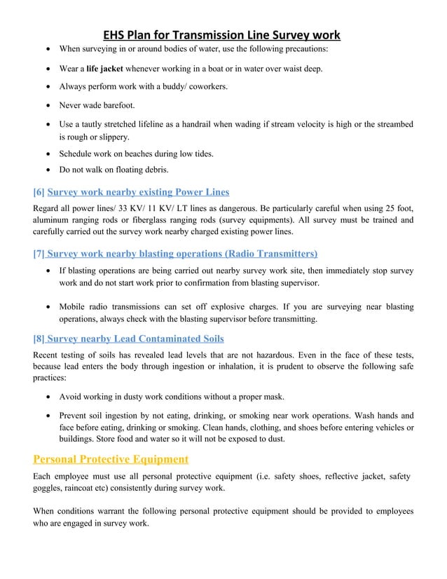 EHS plan for Transmission Line Survey Work | DOC | First Aid | Injuries