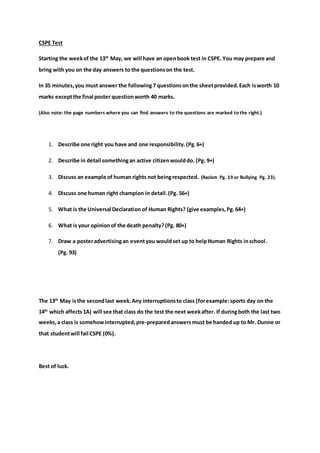 E human rights 14 test 1st year | DOCX | Educational Assessment | Education
