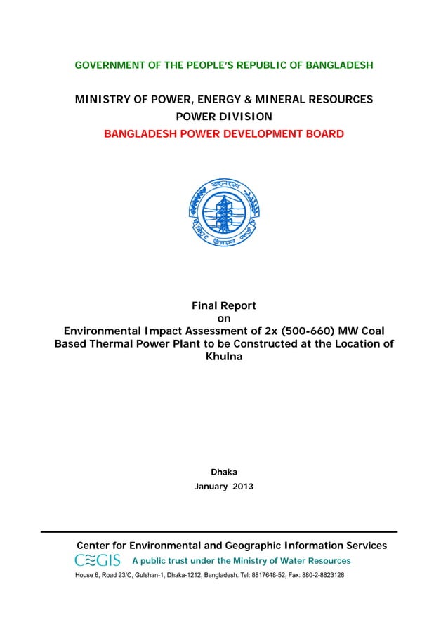 Environmental Impact Assessment (EIA) report on Rampal 1320MW coal-based power plant near the ...