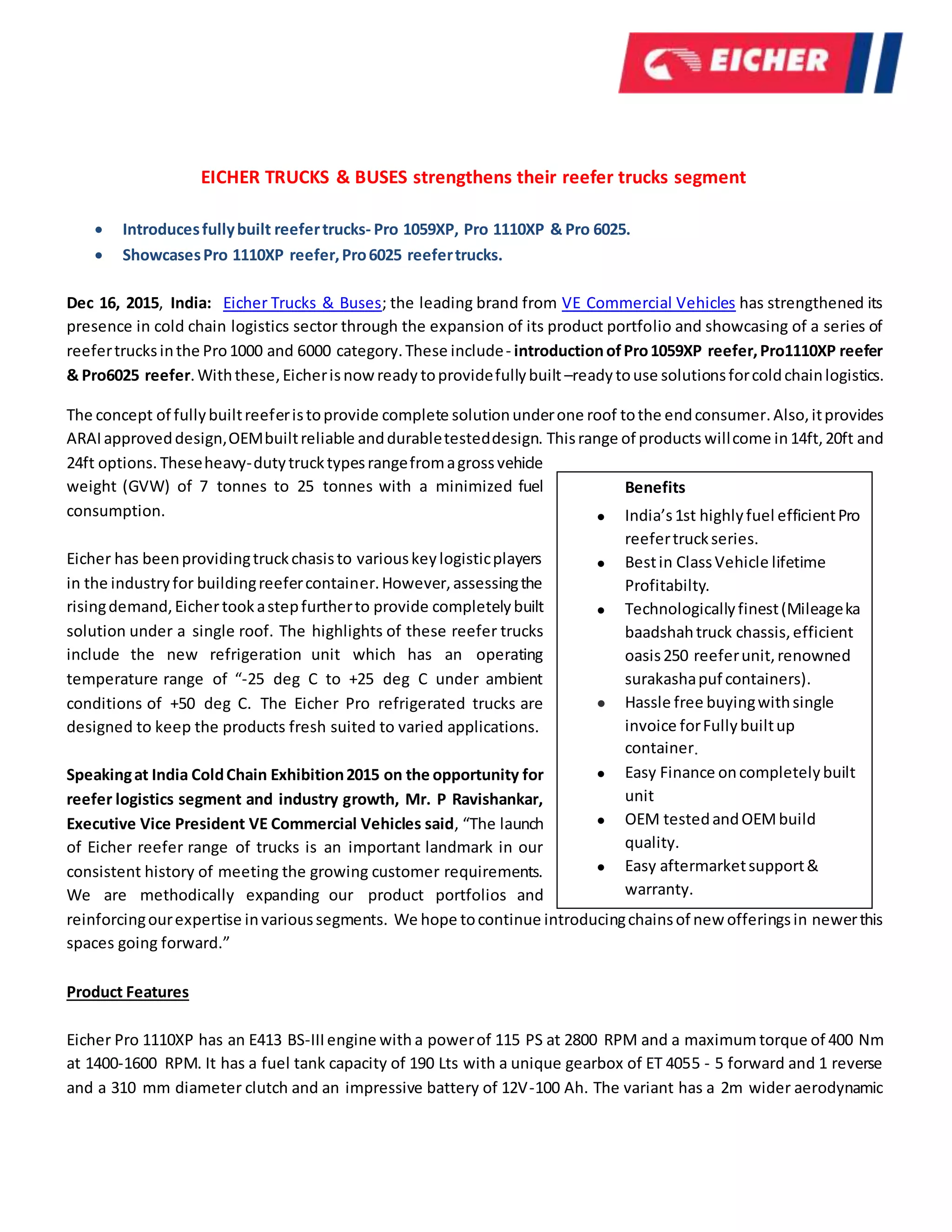 Eicher reefer trucks press release | DOCX