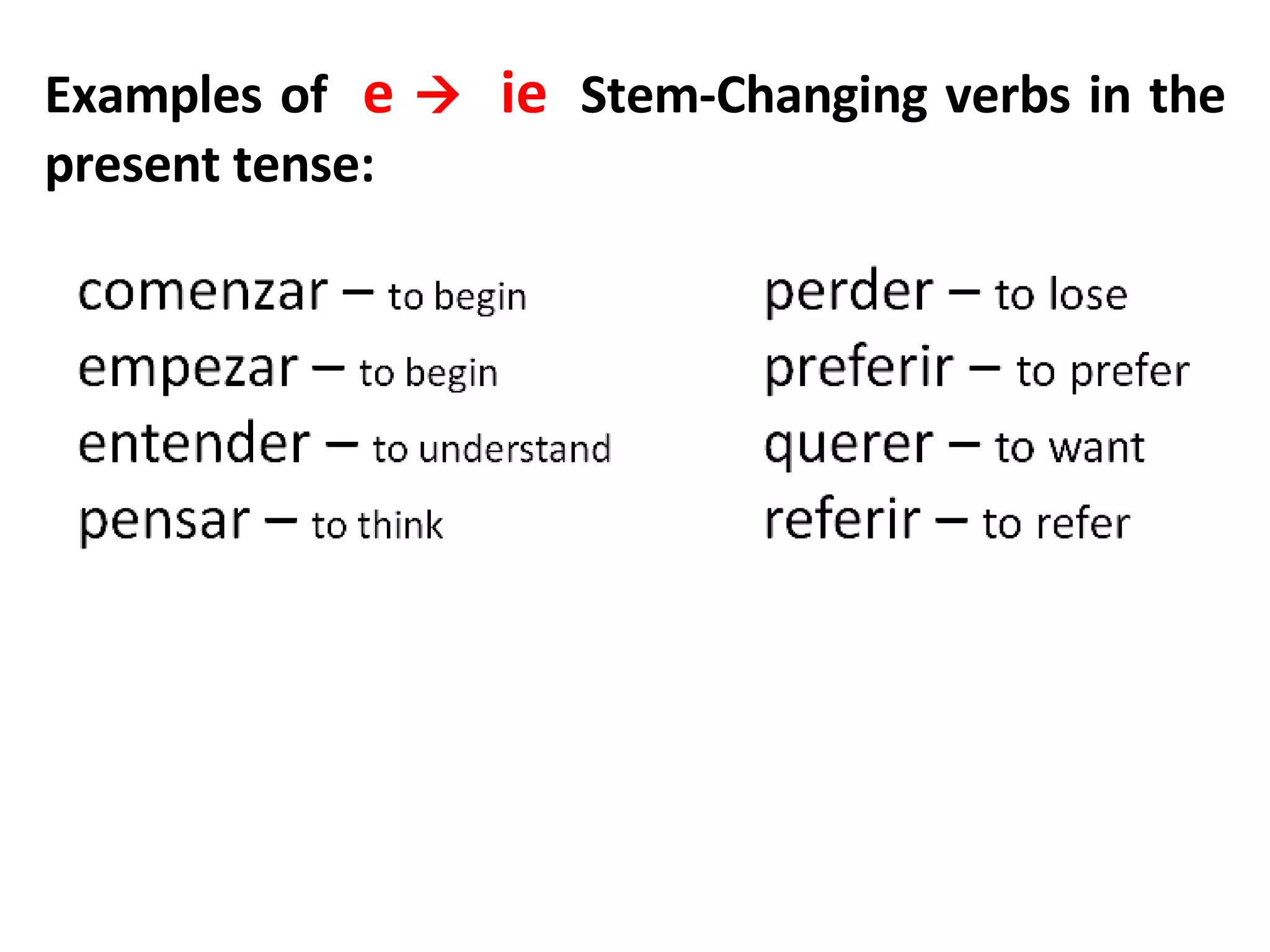 e-ie Stem Changing Verbs in the Present Tense | PPT