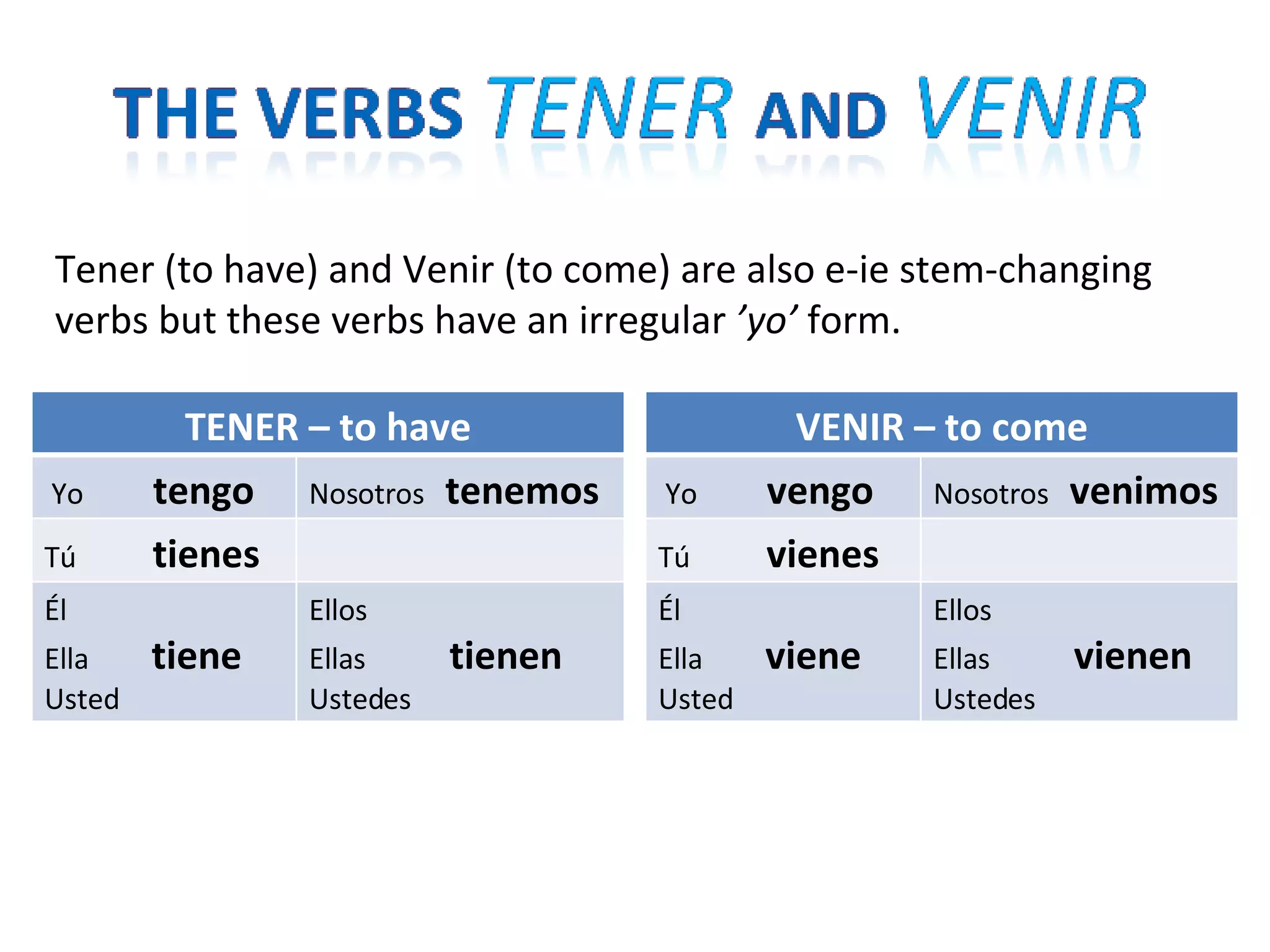 e-ie Stem Changing Verbs in the Present Tense | PPT