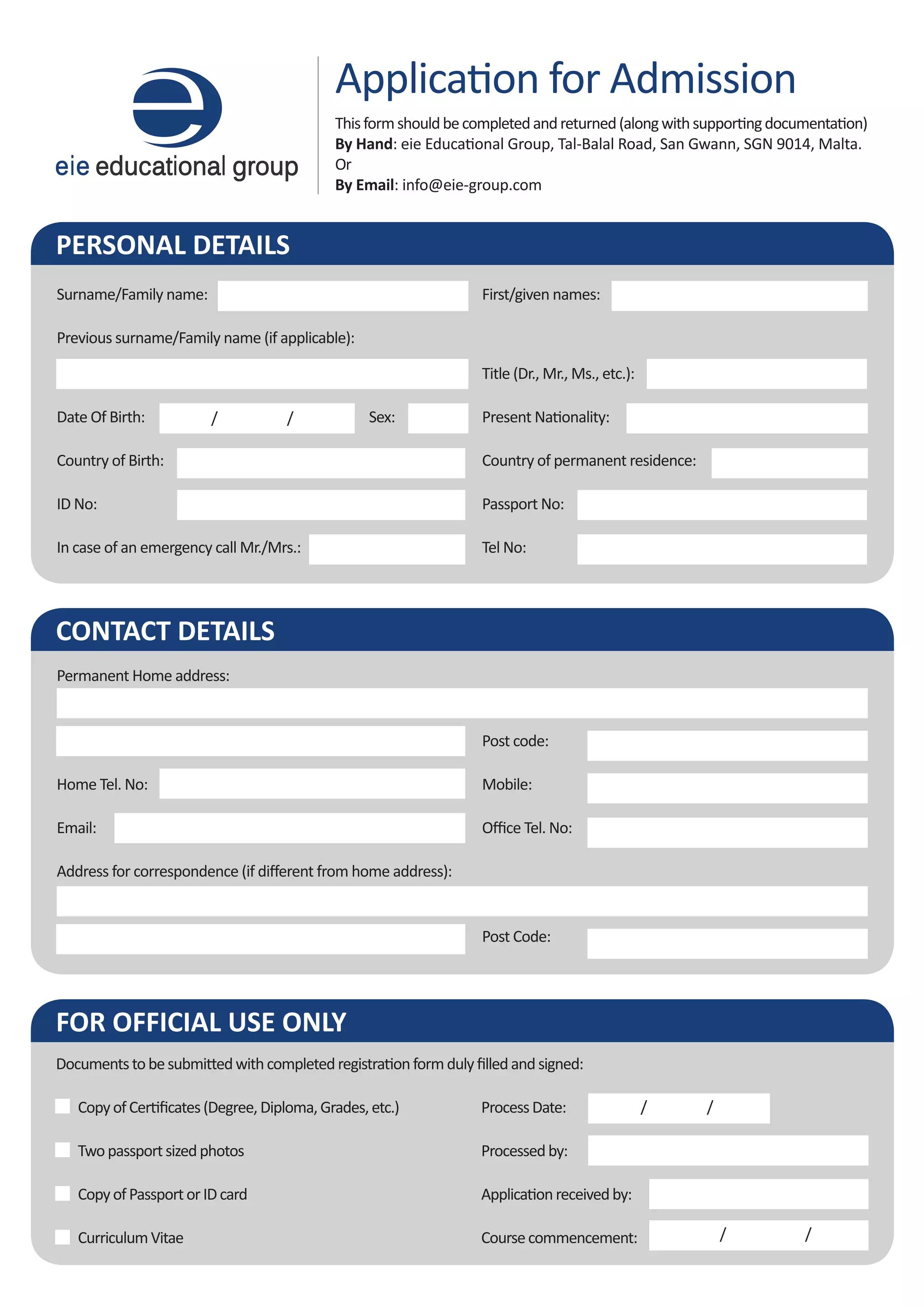 EIE Application for admission form | PDF