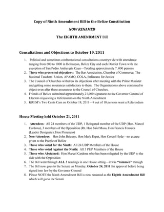 Eighth Amendment Bill to the Belize Constitution: Formerly the Ninth ...