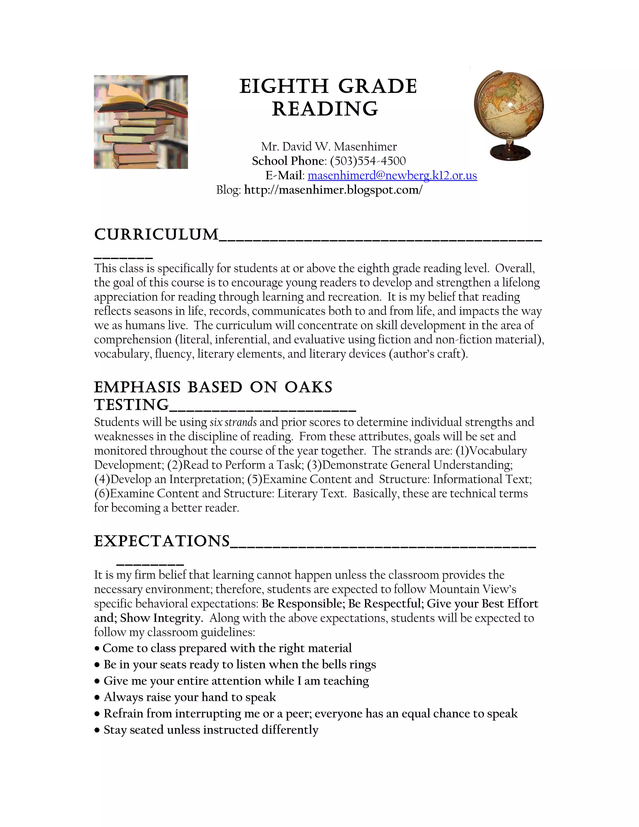 Eighth grade reading syllabus | DOC | Homework and Study | Education