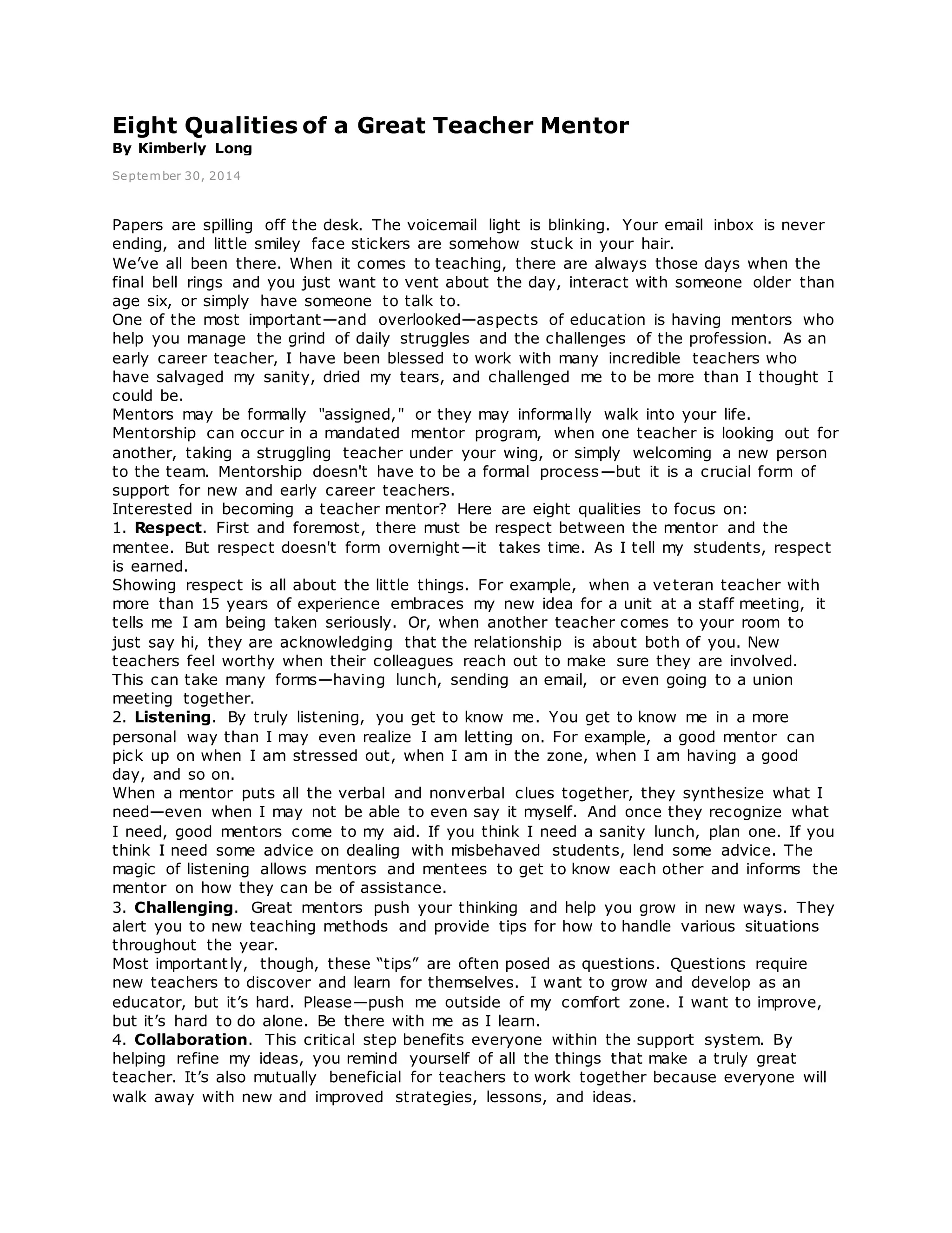 Eight qualities of a great teacher mentor | DOCX