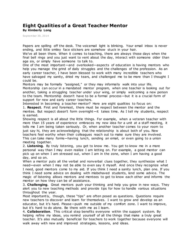 Eight qualities of a great teacher mentor | DOCX | Dating | Family and ...