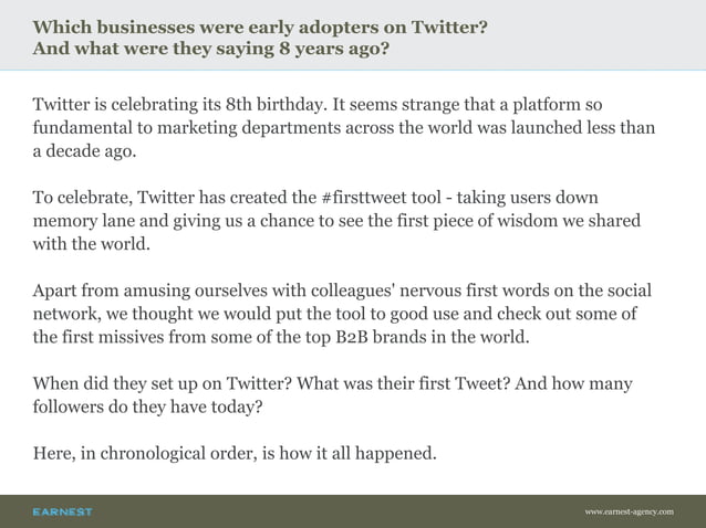 Eight years of top business brands on twitter and their first tweets | PPT
