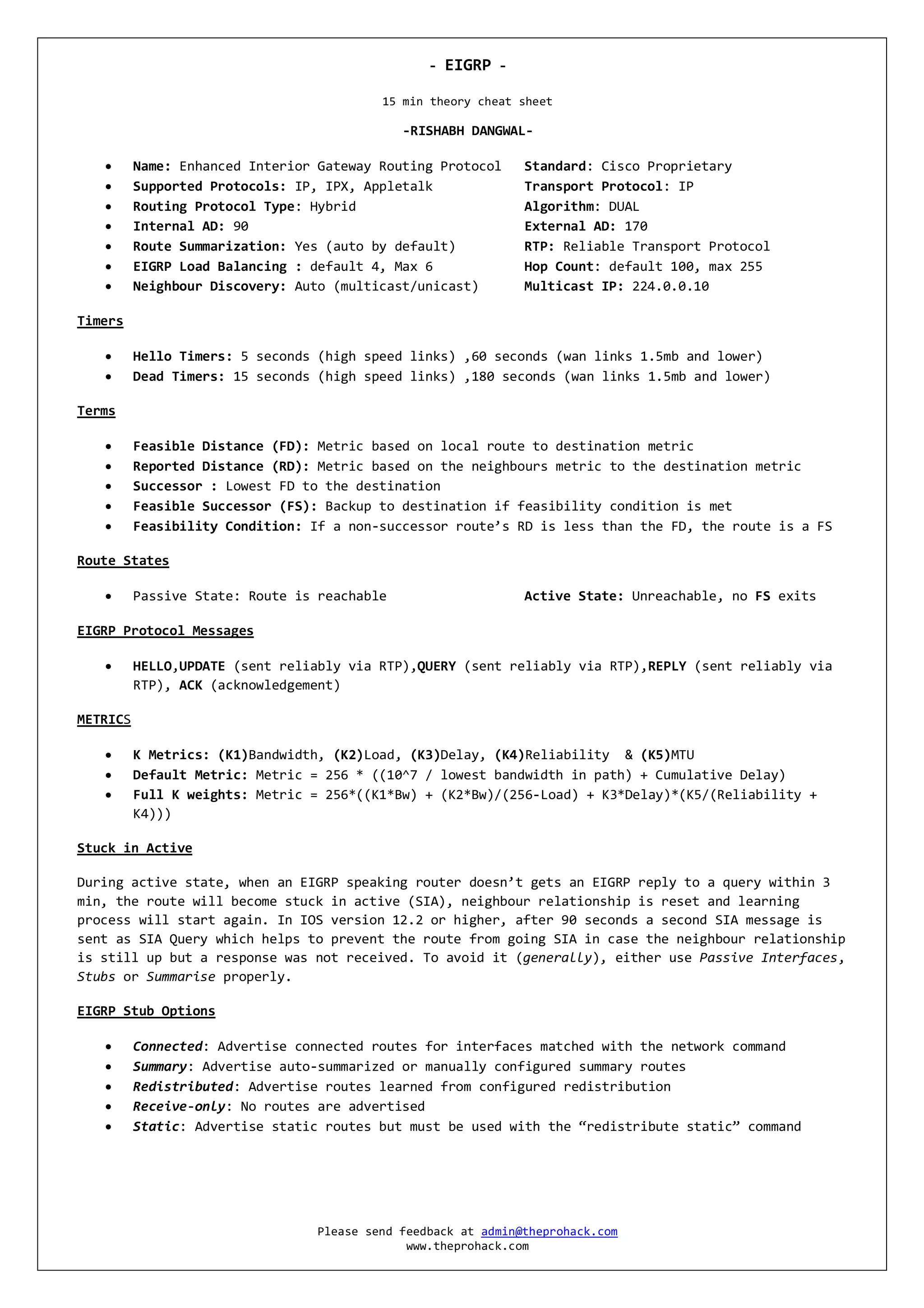 Eigrp Cheatsheet - EIGRP in 15 min - Rishabh Dangwal - www.theprohack.com