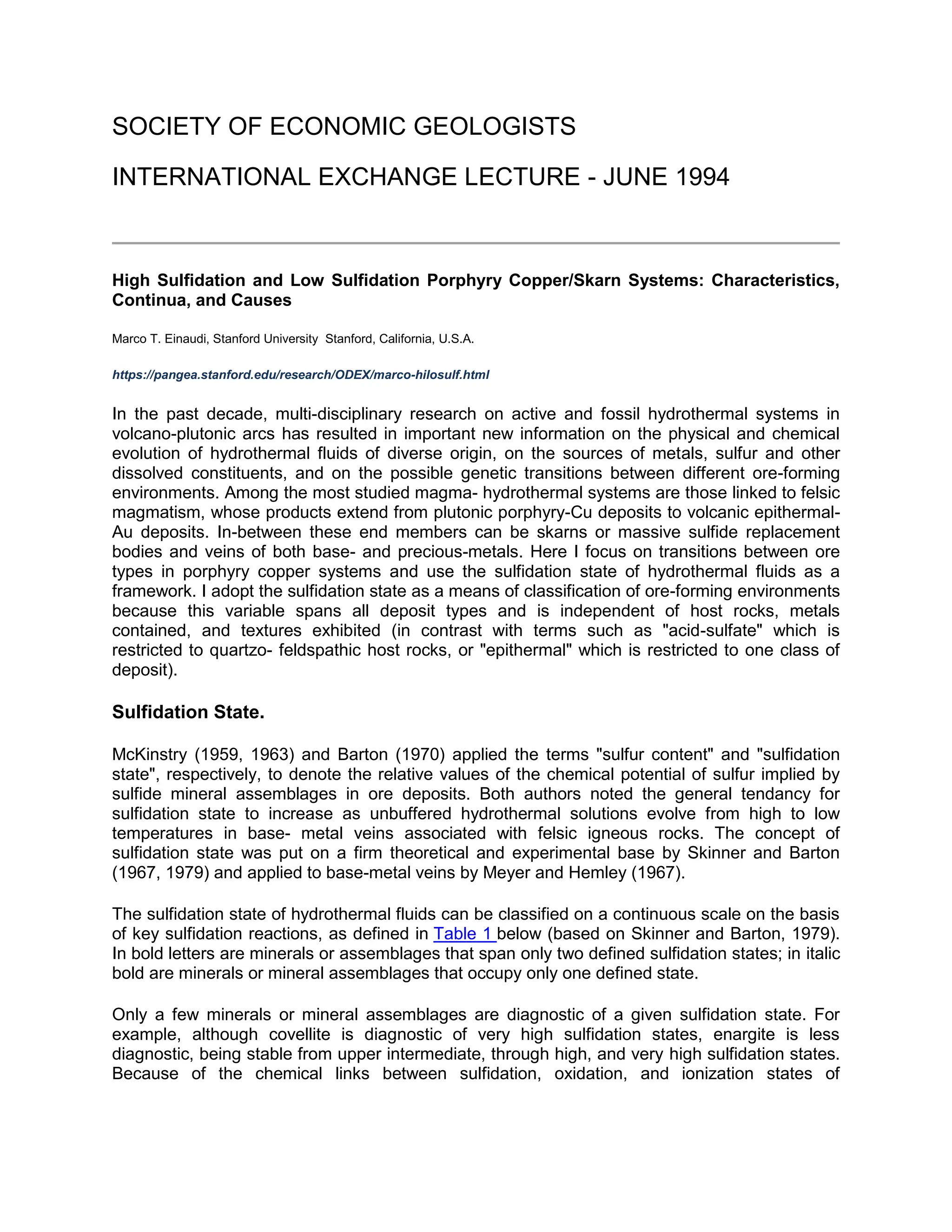 Einaudi 1994 High Sulfidation and Low Sulfidation Porphyry CopperSkarn ...