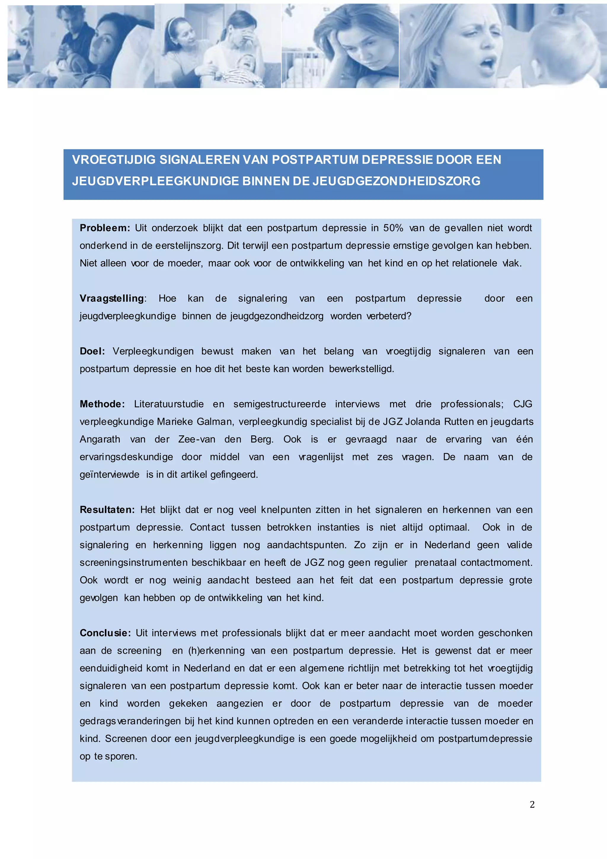 Postpartum depressie (afstudeer artikel) | DOCX