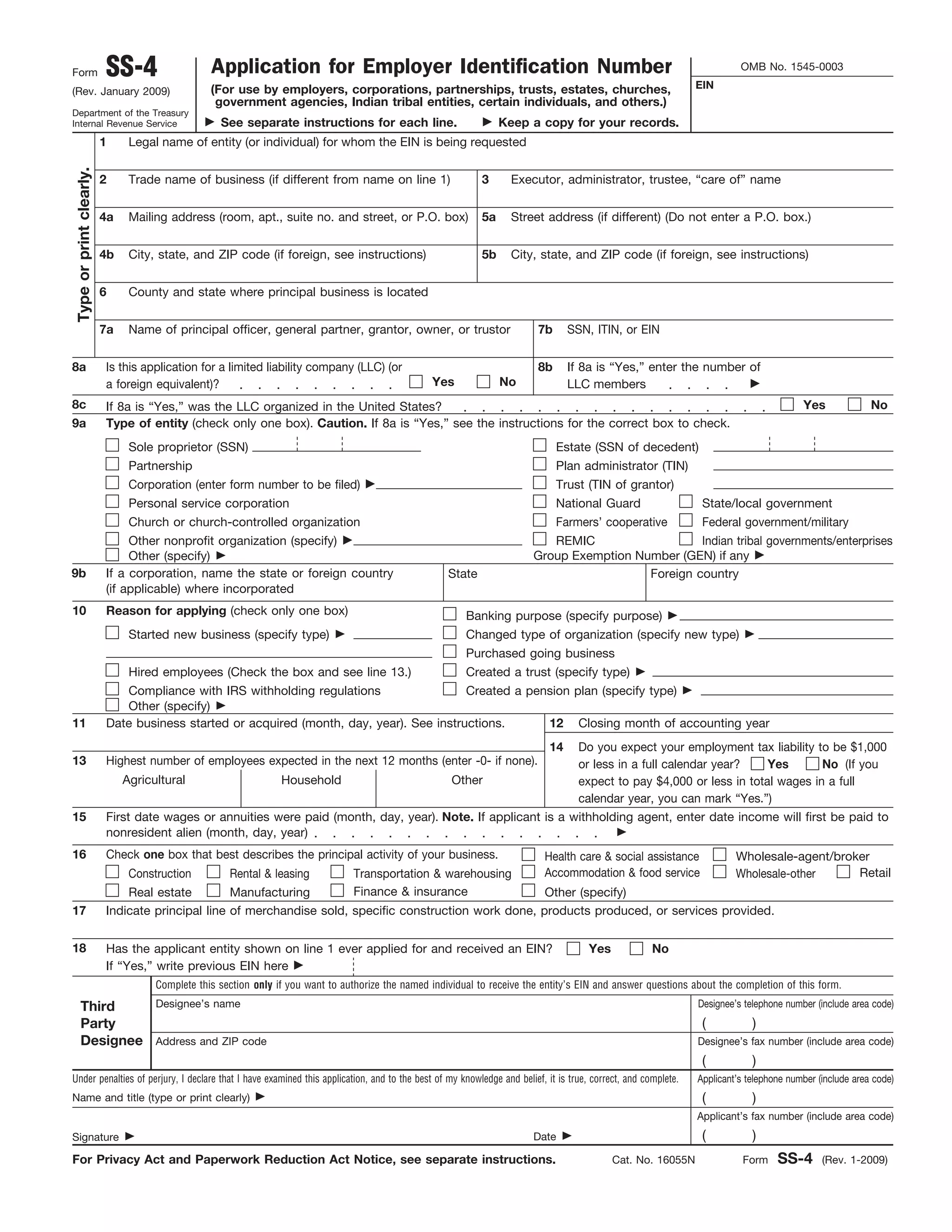 Sample EIN SS4 Application Form 2009 | PDF