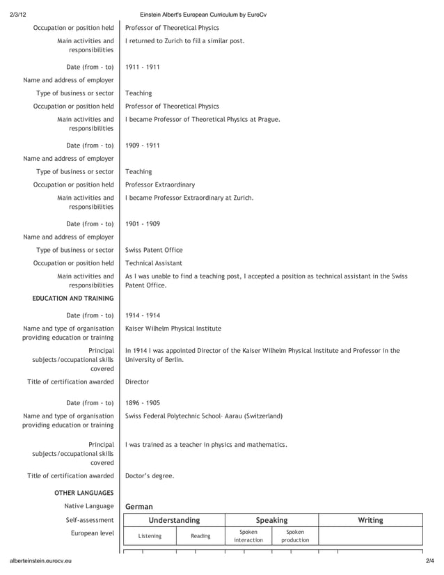Einstein albert's european curriculum by euro cv | PDF | Physics | Science