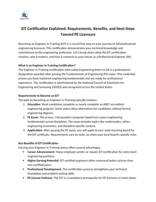 EIT Certification Explained Requirements, Benefits, and Next Steps Toward PE Licensure | PDF