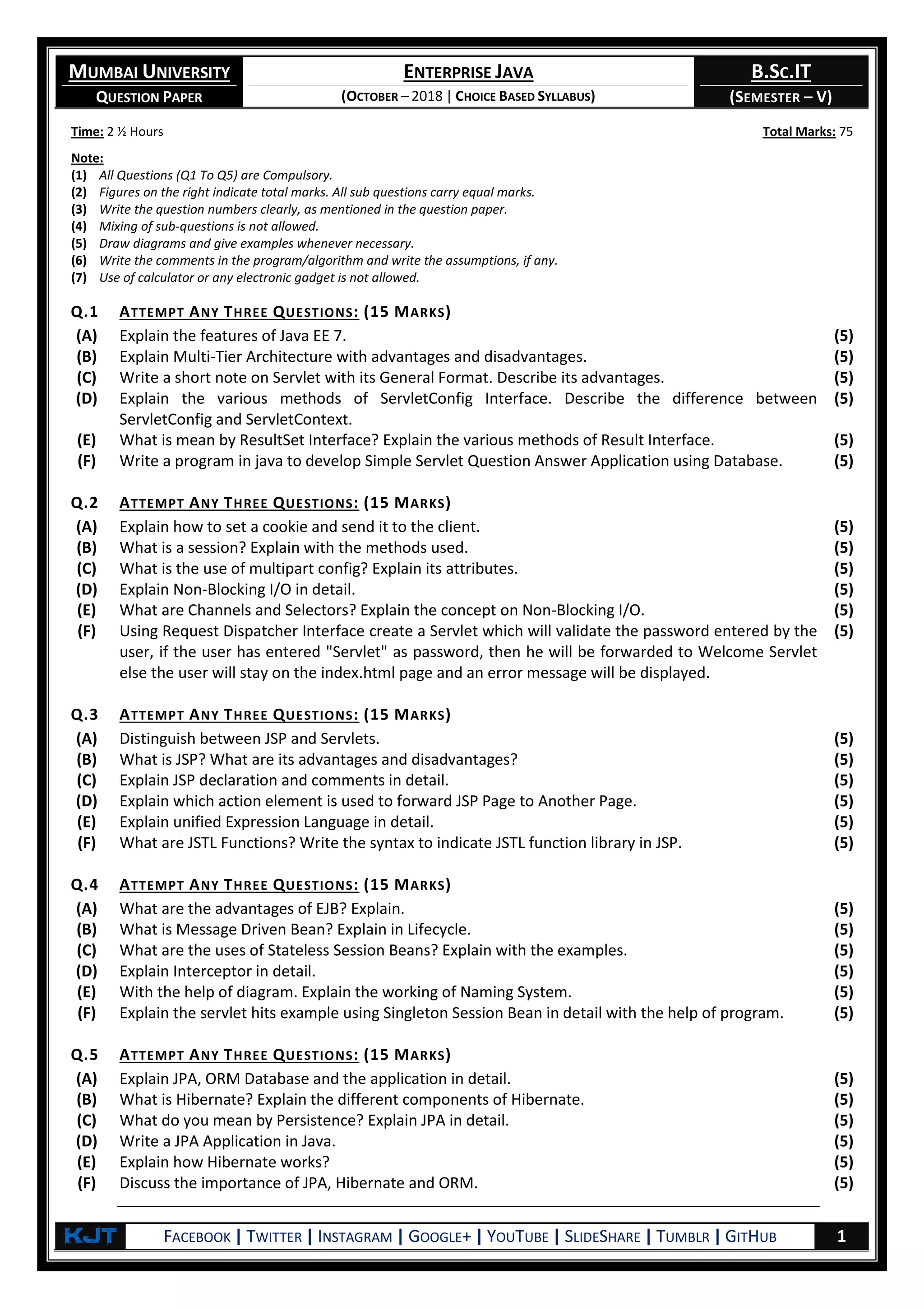 Enterprise Java (Question Paper) [October – 2018 | Choice Based ...