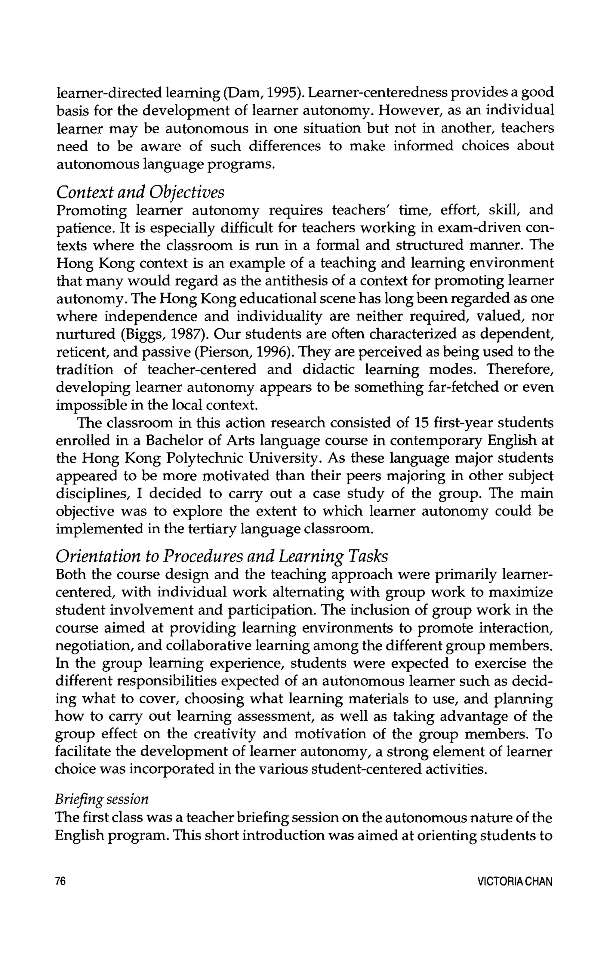 Fostering Learner Autonomy in an ESL Classroom | PDF