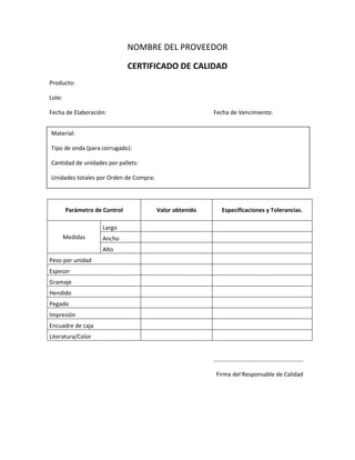 Certificado De Calidad Y Cantidad