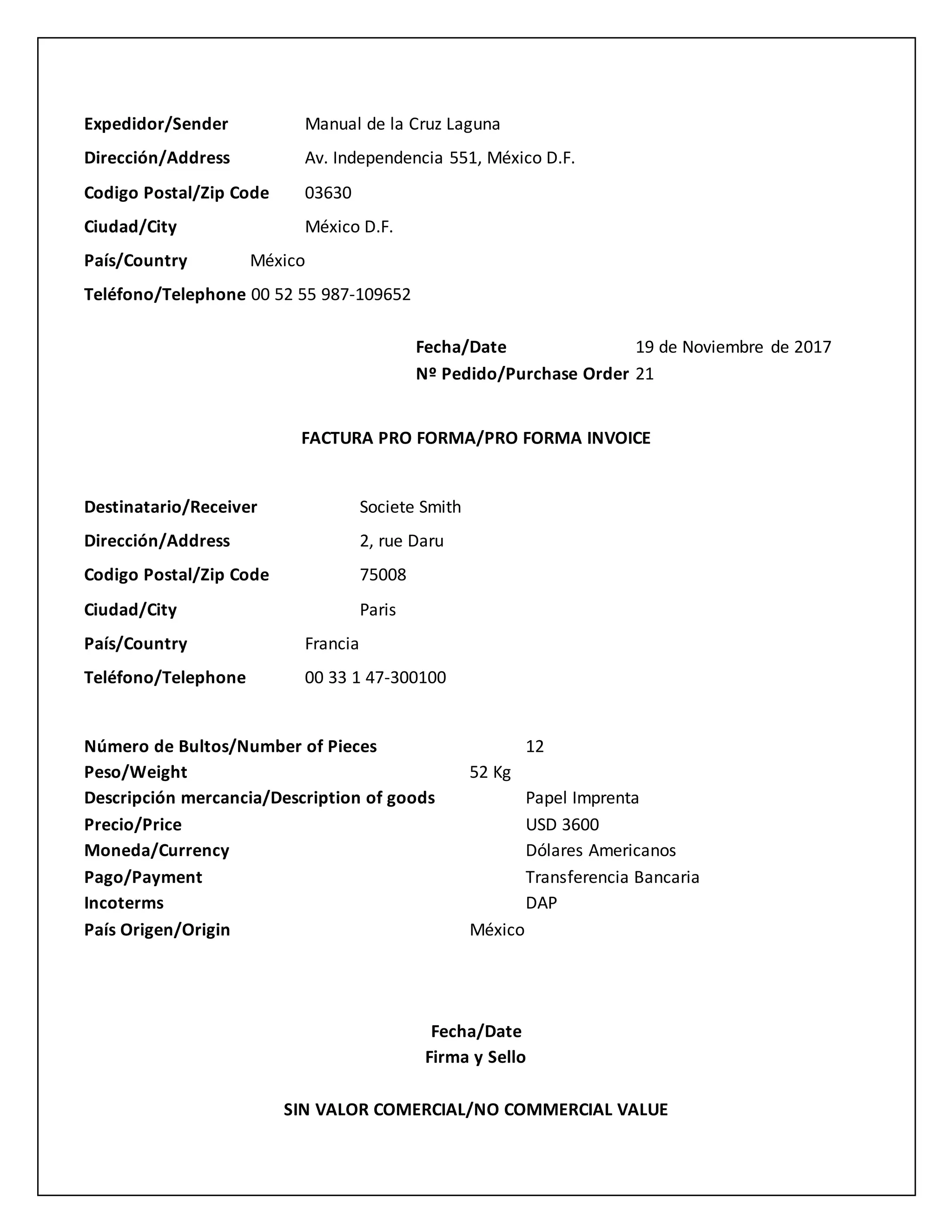 Ejemplo de factura pro forma básica | DOCX